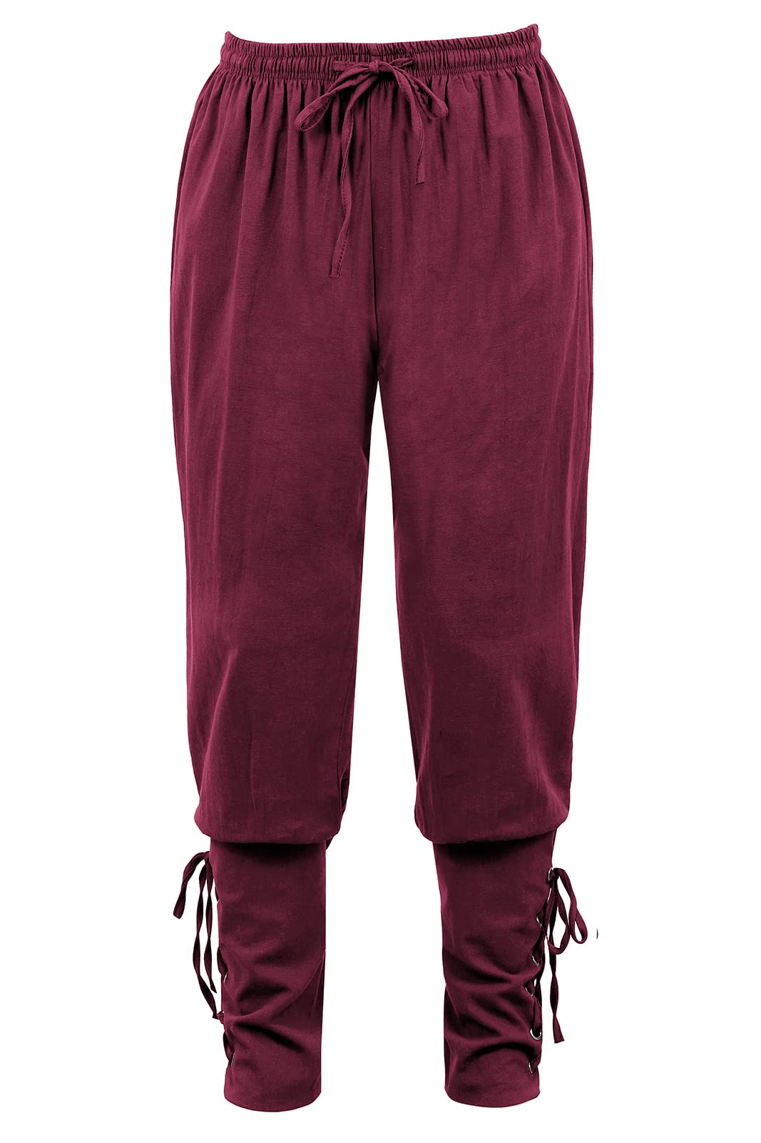Men's Ankle Banded Cuff Renaissance Pants Medieval Viking Navigator Trousers Pirate Cosplay Costume with Drawstrings Wine Red-2XL