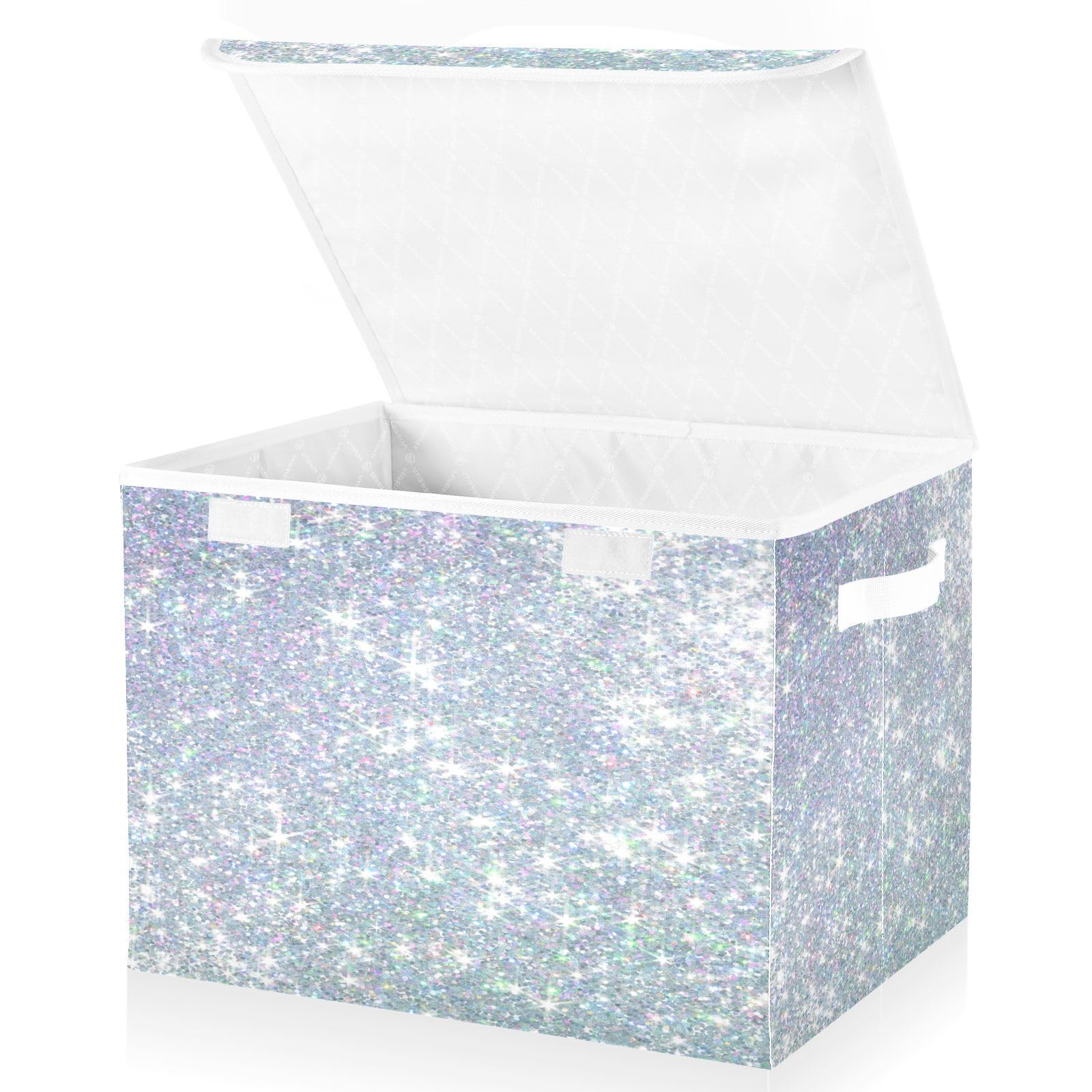 Ollabaky Sparkling Glitter Larger Collapsible Storage Bin Fabric Decorative Storage Box Cube Organizer Container Baskets with Lid Handles for Closet Organization, Shelves