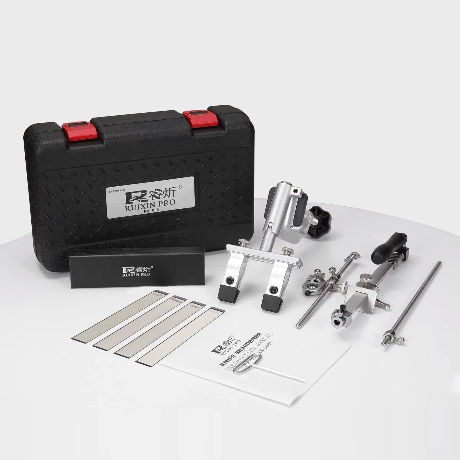 Ruixin Pro RX-009 Knife Sharpeners, Kitchen Knife Sharpening Kit System with 4 Diamond Whetstones, Stainless Steel Knife Sharpener Kit with 360° Flip Design Rotation, Grinding Polishing Tool