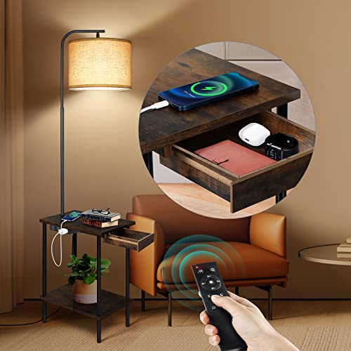 OUTON Floor Lamp with Table, Dimmable Stand Lamp with Shelf, Drawer, USB & Type C Charging Port, AC Outlet, Wood Vintage Nightstand, Side End Table with Lamp Attached for Office Bedroom Living Room