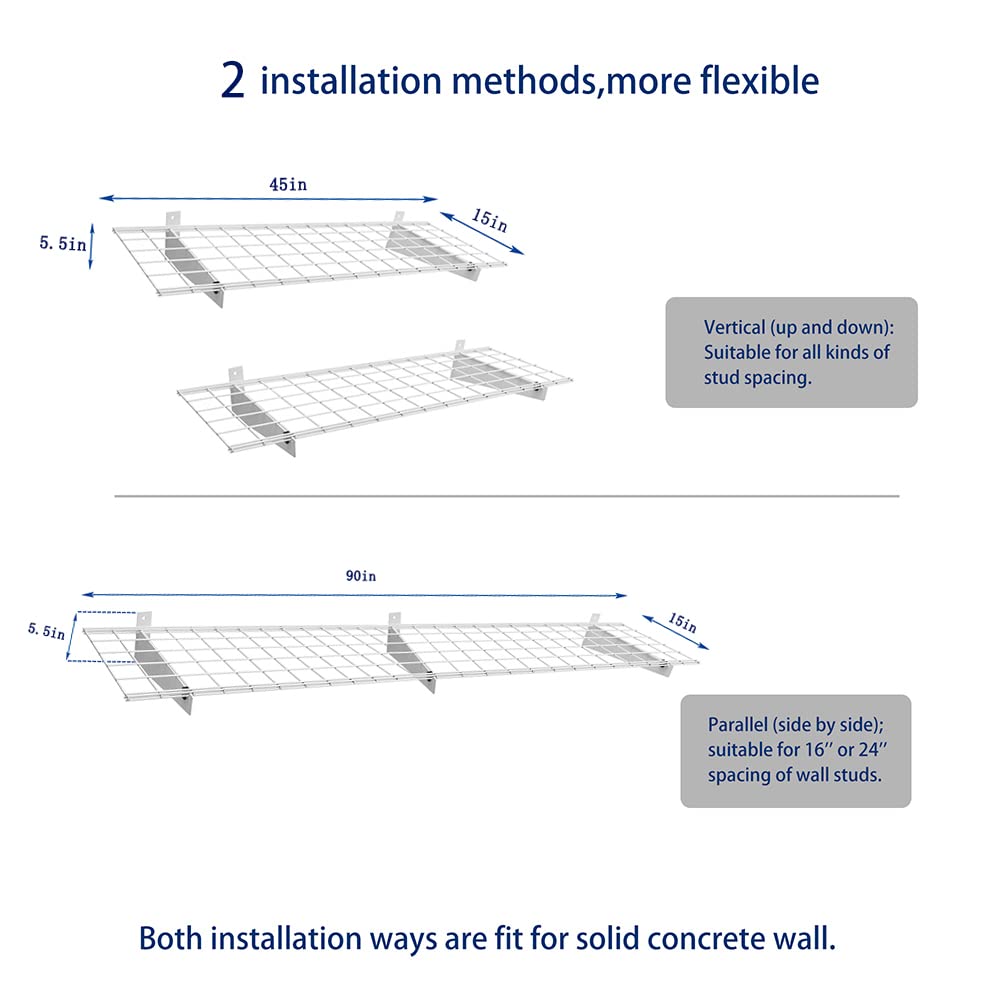 Ultrawall Garage Wall Shelving, 2-pack 2x4ft Heavy Duty Wall Mount Shelving Unit, 45-inch-by-15-inch Floating Shelves Max Load 400lb, White