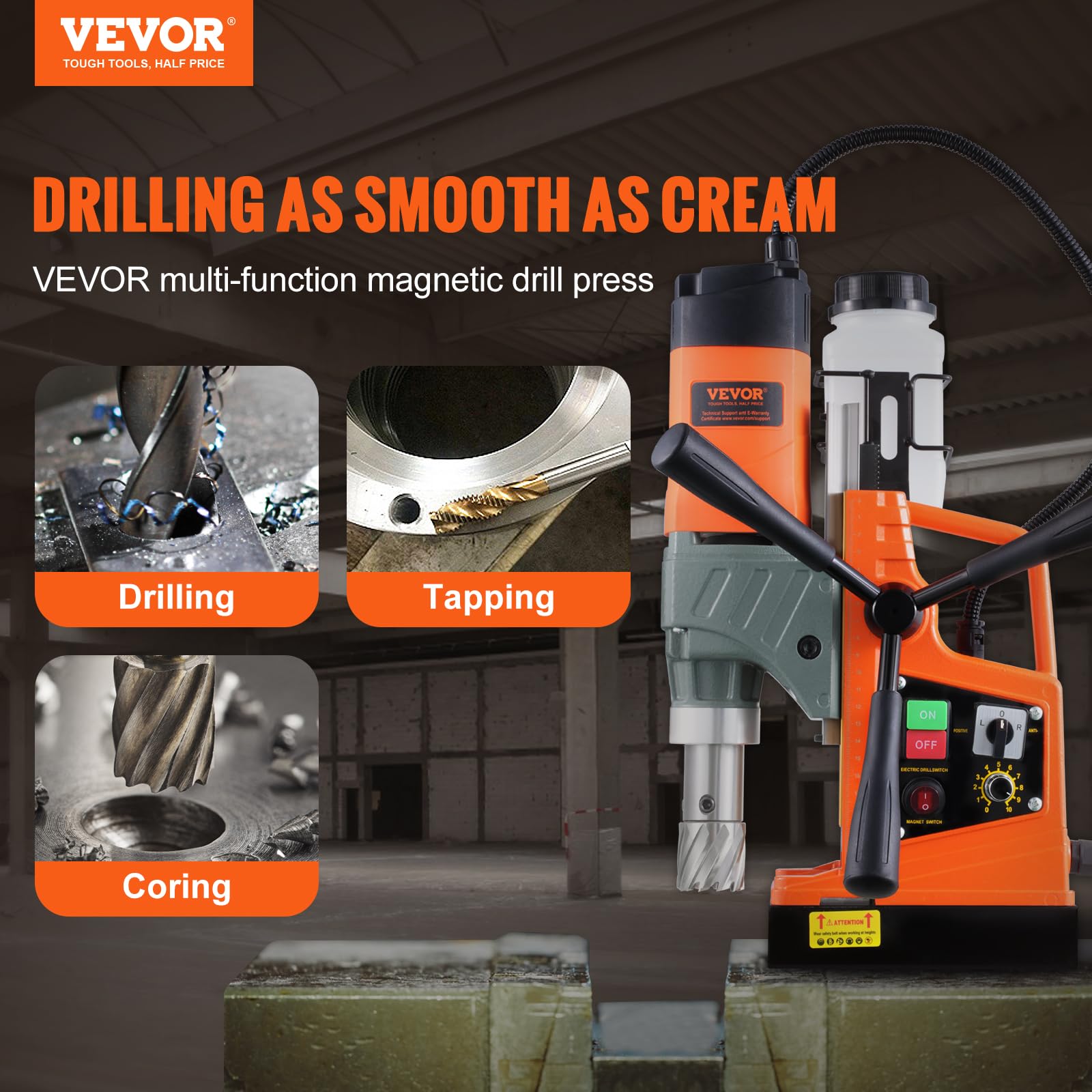 VEVOR Magnetic Drill, 1450W 2" Boring Diameter, 12800N Portable Electric Mag Drill Press, with Variable Speed, 800 RPM Drilling Machine for any Surface Home Improvement Industry Railway