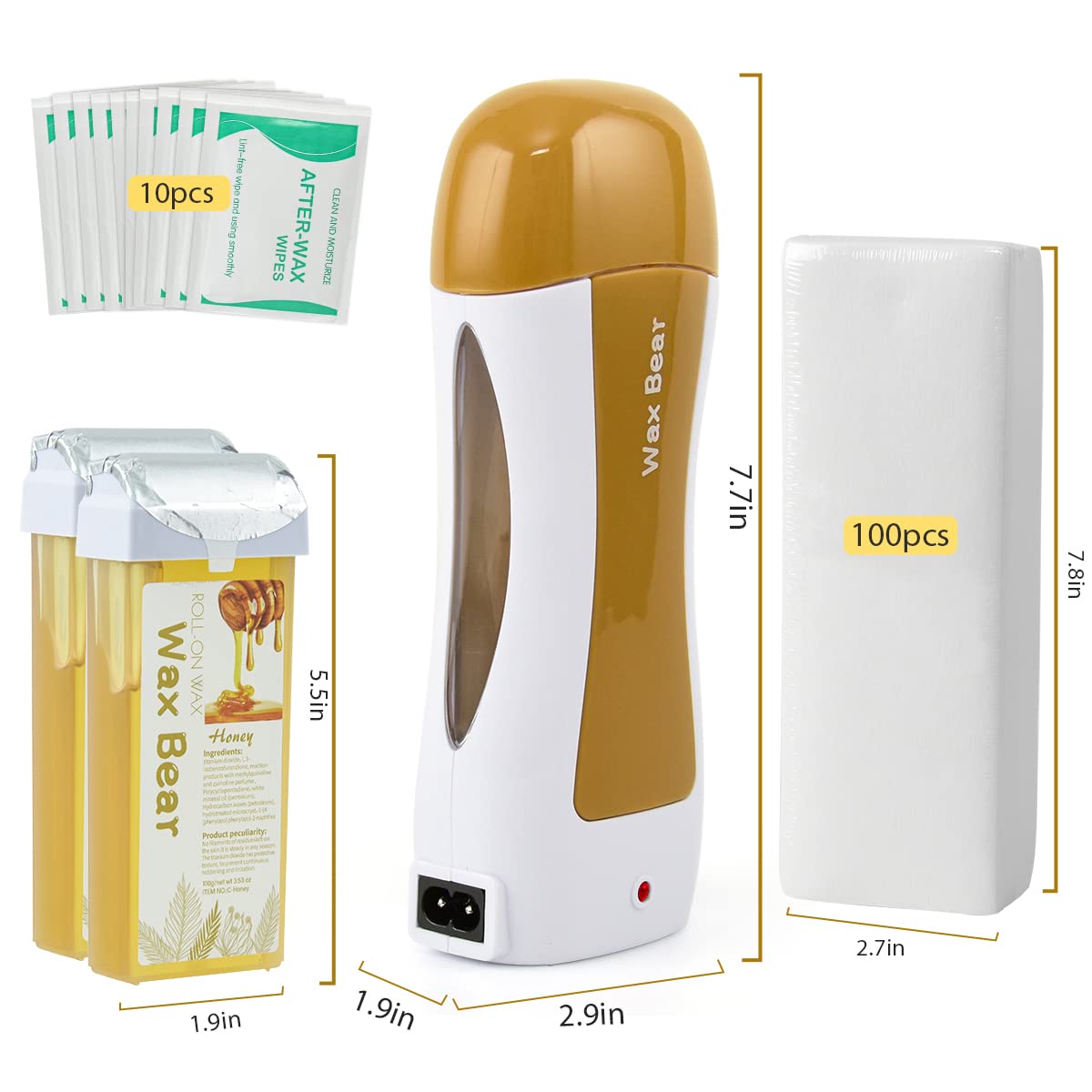 Wax Bear Roll On Depilatory Roller Wax Kit for Sensitive Skin, Soft Wax Heater with 2 Cartridge Refill,10 Wipes and 100 pcs Strips