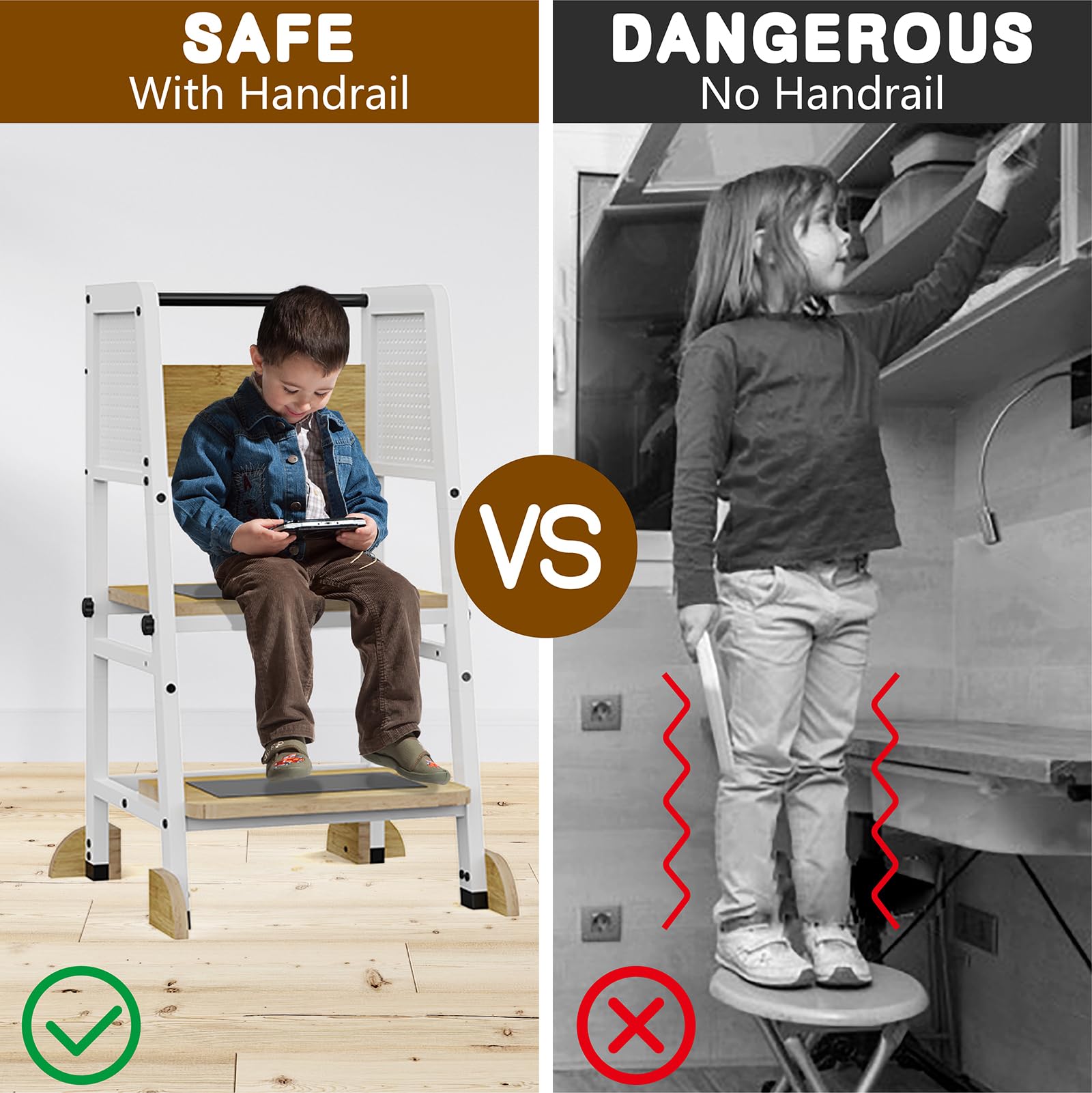 YAKANJ Toddler Standing Tower,Toddler Kitchen Stool Helper,Step Stool for Toddler Kids,Wooden Standing Tower with Adjustable Height,Anti-Slip Protection,Safety Belt-Wood