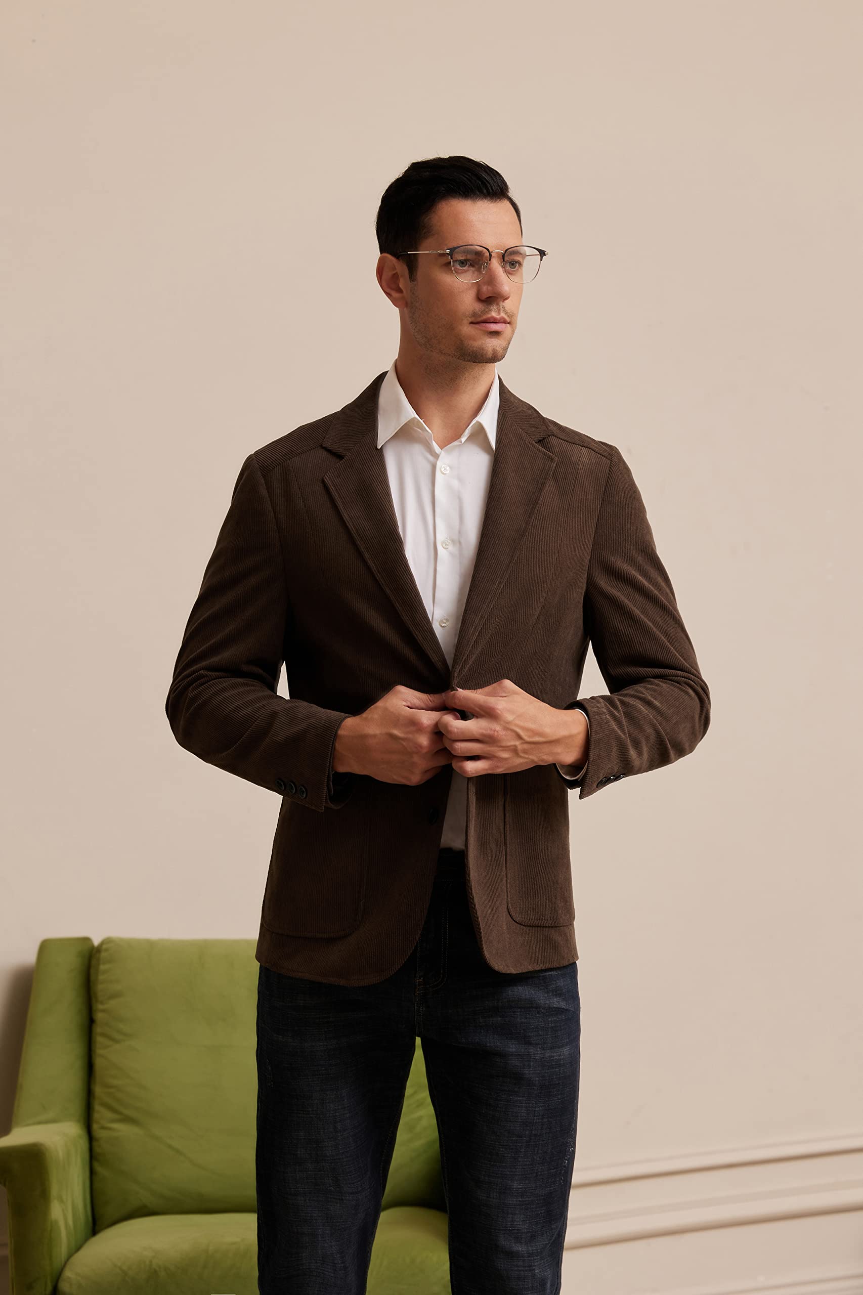 Men's Casual Corduroy Suit Blazer Single-Button Sport Coat Dark Brown L