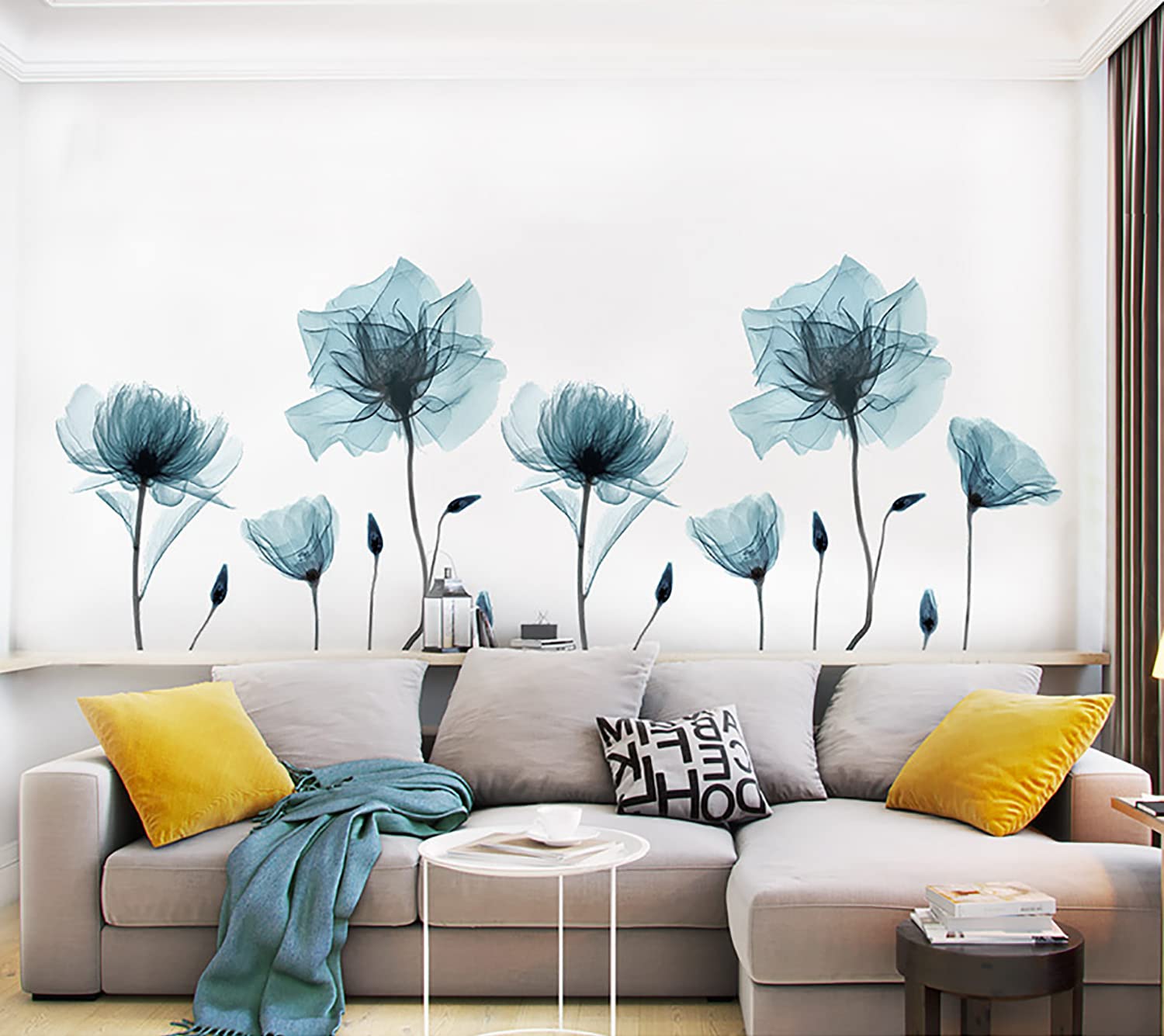 M ACHOOSE Blue Flower Wall Decals Peel and Stick Wall Stickers Removable Decal Stick Wall Art Murals Home Wall Decor for Bedroom Living Room Wall Decaoration