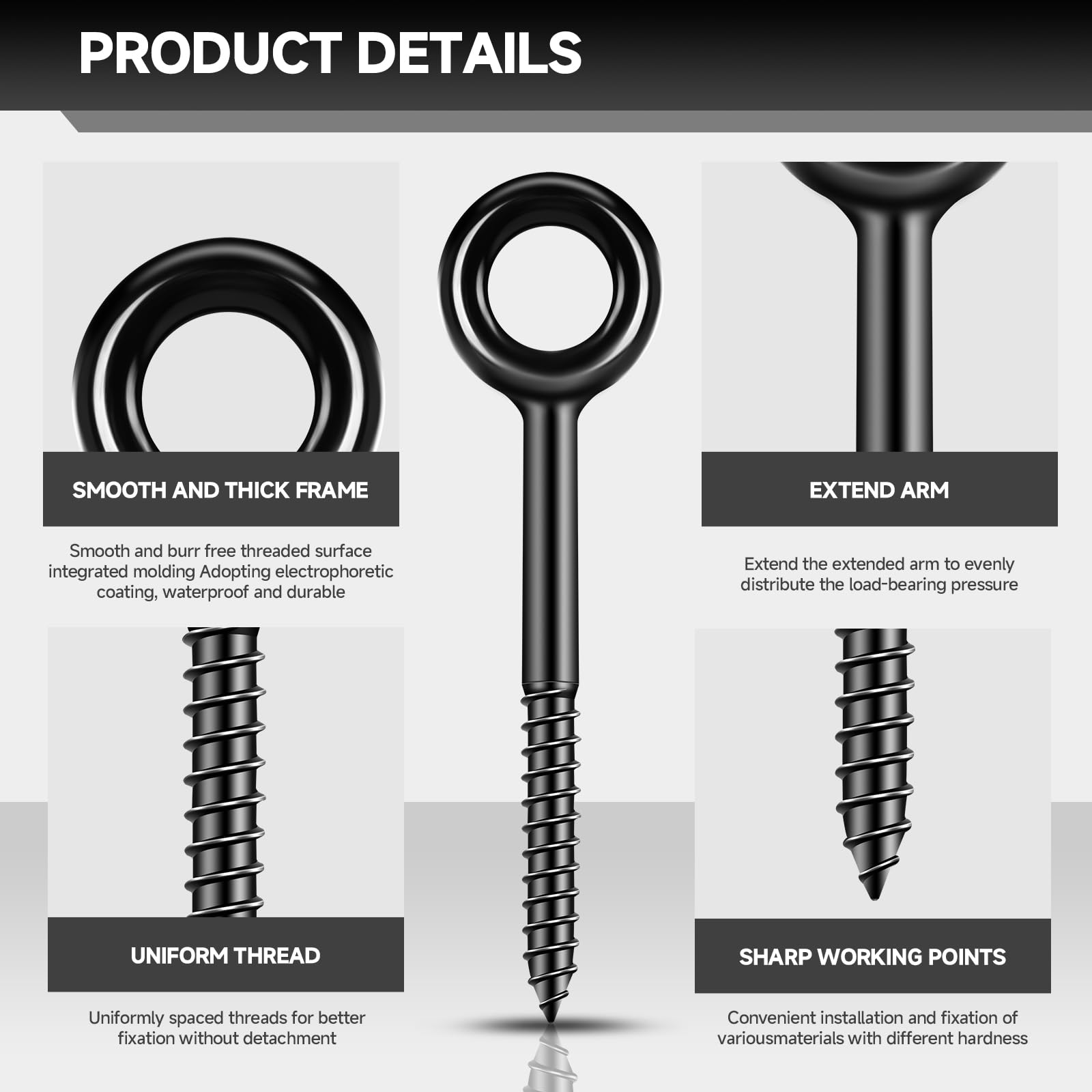 XIEKRAB 7 inch Eye Bolts - 4 Pcs Eyes Hooks Screw Heavy Duty 900 lbs Breaking Strength Black Rust-Resistant, Self Tapping Eyelet Screw for Wood Securing, Hammock Stand, Indoor & Outdoor Use