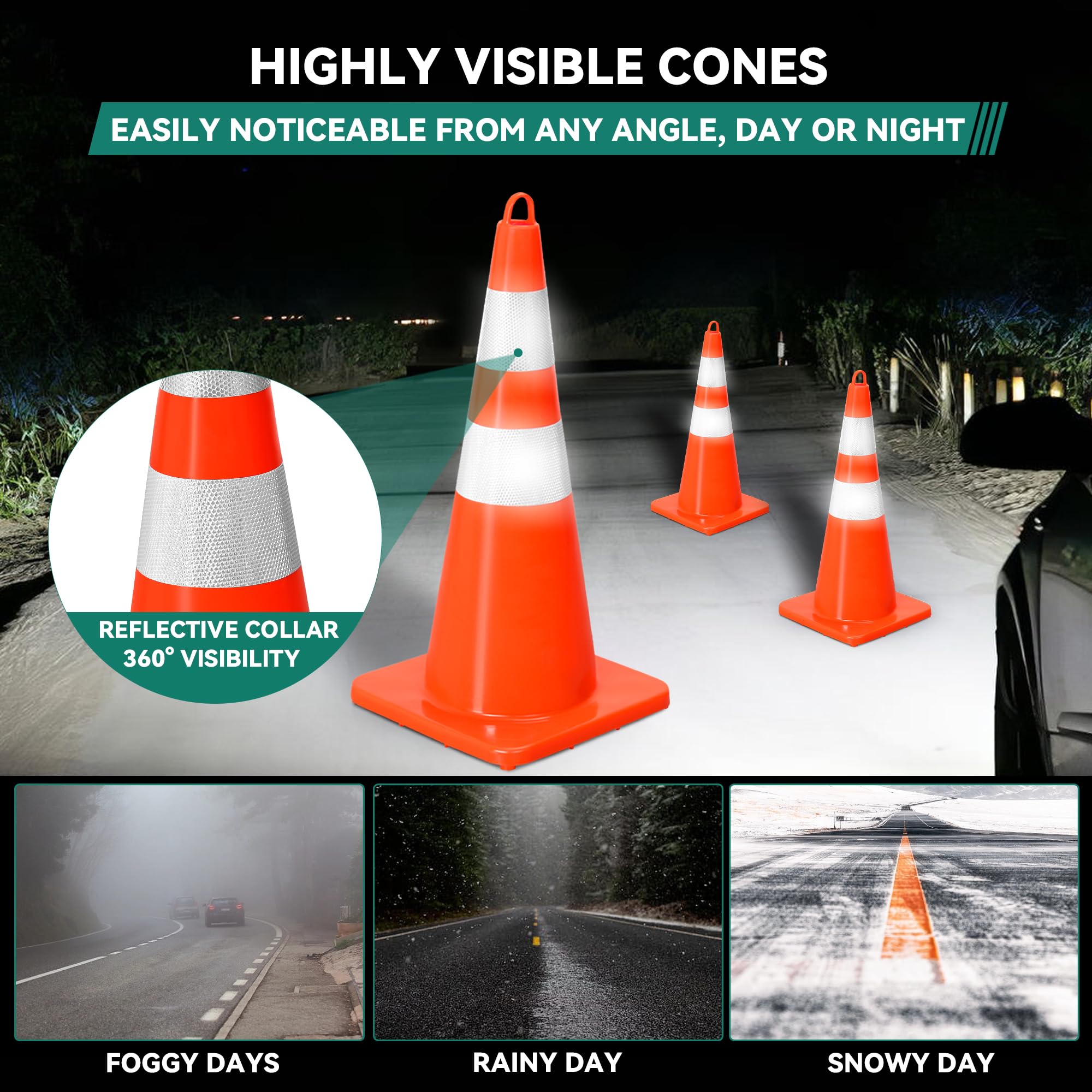 YITAHOME Traffic Cones 28 Inch (6 Pack), with 16.4FT Chain and Reflective Collars, PVC Orange Construction Cones, Safety Cones for Parking Lot, Home Road