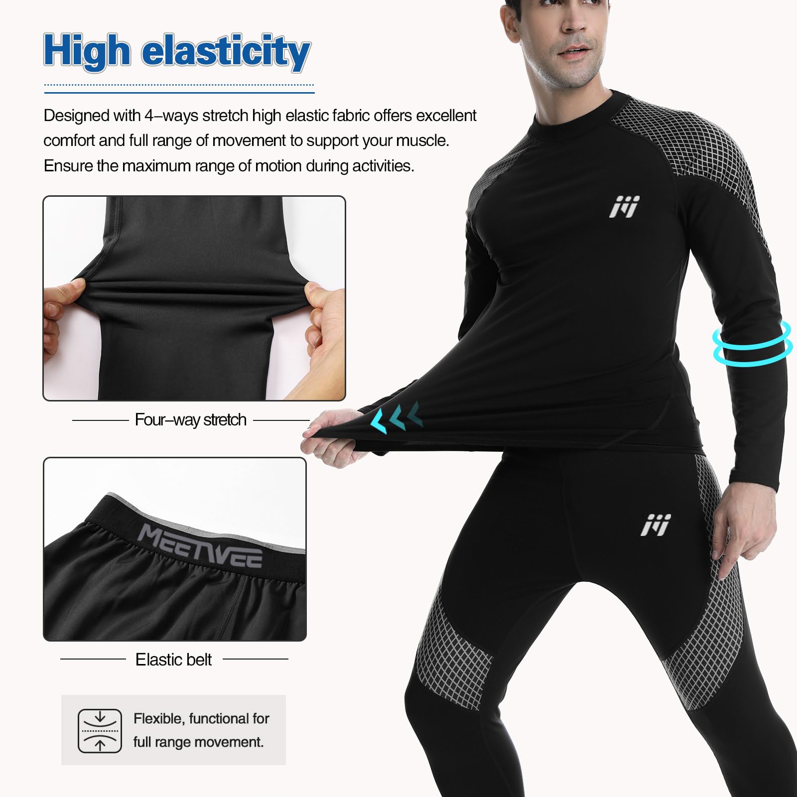 MEETWEE Thermal Underwear for Men, Fleece Lined Base Layer Set Cold Weather Ski Gear Top & Long Johns for Skiing Motorcycle Black