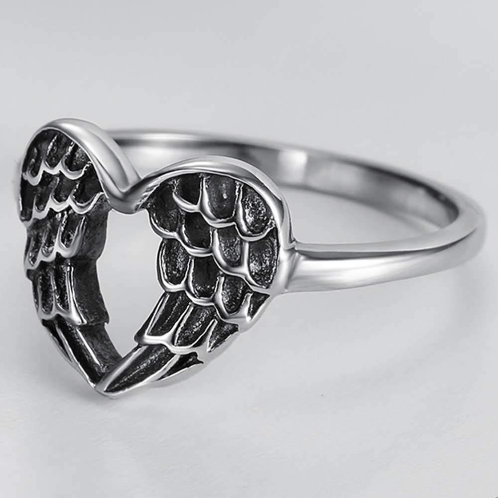 Retro Vintage Stainless Steel Double Agnel Wings Open Karma Heart Promise Statement Anniversary Wedding Ring (Silver, 8)