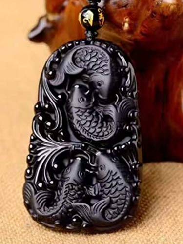Natural black obsidian Amulet dragon head fish koi pendant bead necklace with bead chain for women or men (fish)