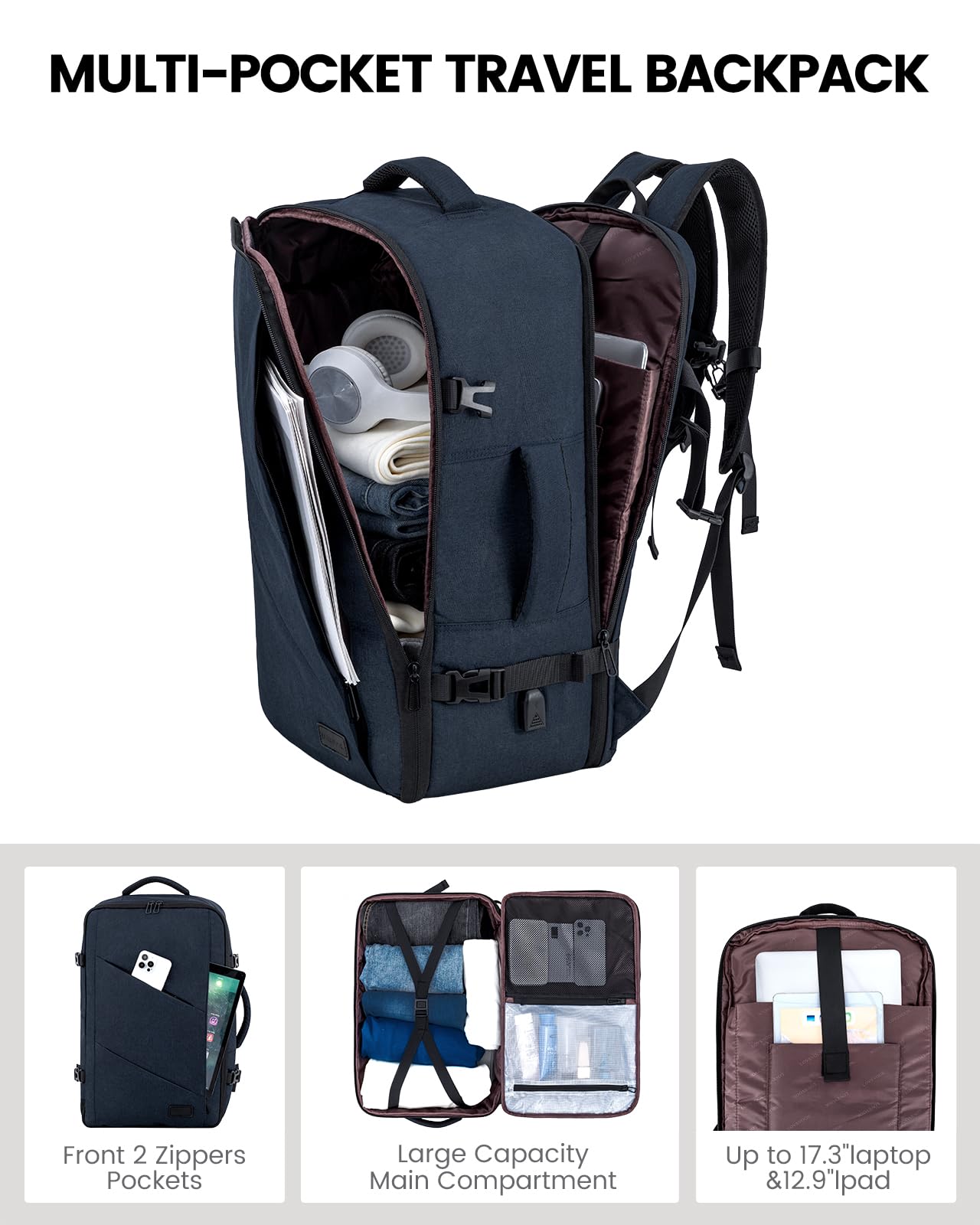 LOVEVOOK Travel Backpack, Expandable 50L Extra Large Carry on Backpack, Flight Approved, Anti-Theft Water Resistant 18 Inch Weekender Backpack for Men Women, with USB Port, Navy Blue