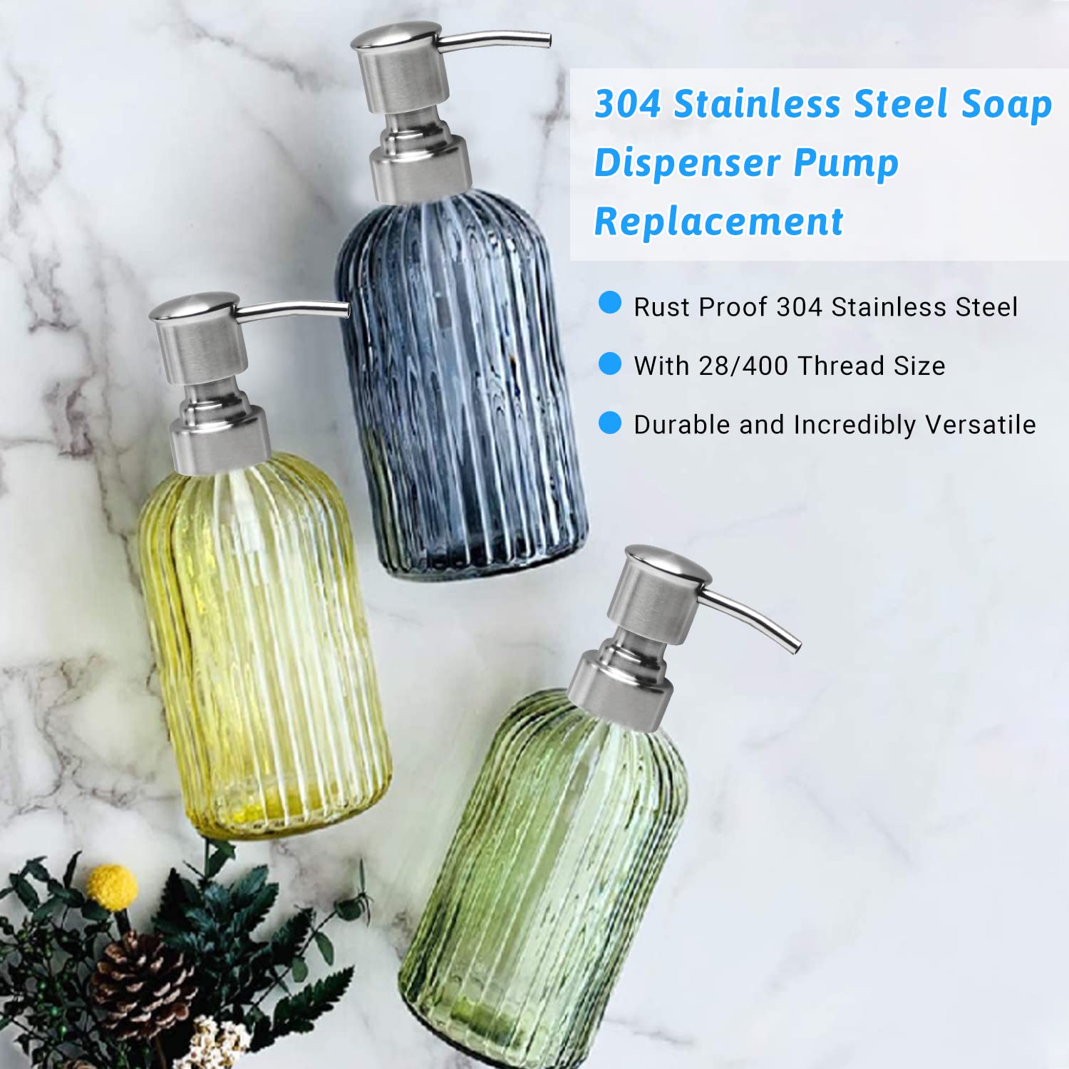MroMax 304 Stainless Steel Soap and Lotion Dispensers Replacement Pump for 28/400 Bottles Jars,Bathroom Screw Lotion Pump Head, Silver 2Pcs