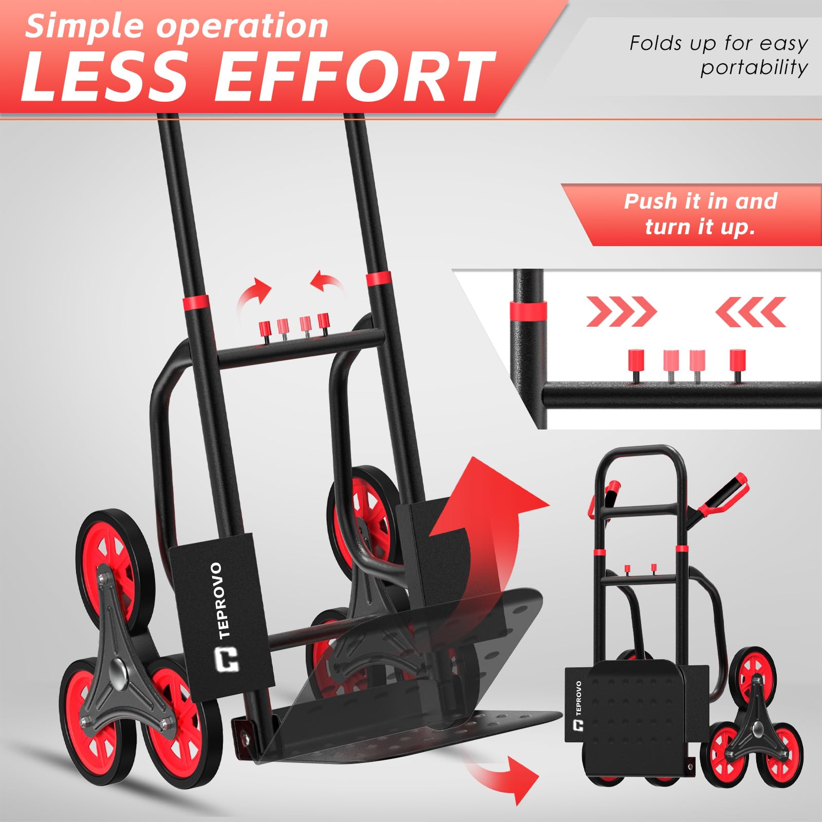 Teprovo Stair Climbing Hand Truck 440lb,Heavy Duty Dolly Cart for Stairs,Thickened Upgraded Steel Tube Folding Stair Climbing Trolley with Six Wheels and Telescoping Handle