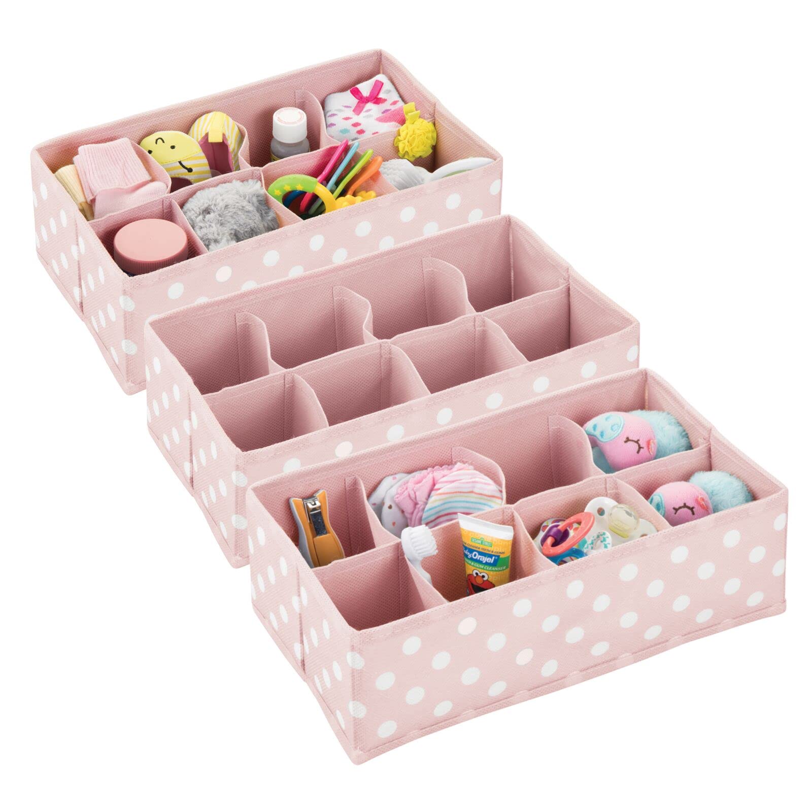 mDesign Fabric 8-Section Divider Drawer Organizer Bin for Baby Nursery Dresser, Closet, Shelf, Changing Table Organization, Hold Clothes, Toys, Diapers, Bib, Blanket - 3 Pack, Pink/White Polka Dot