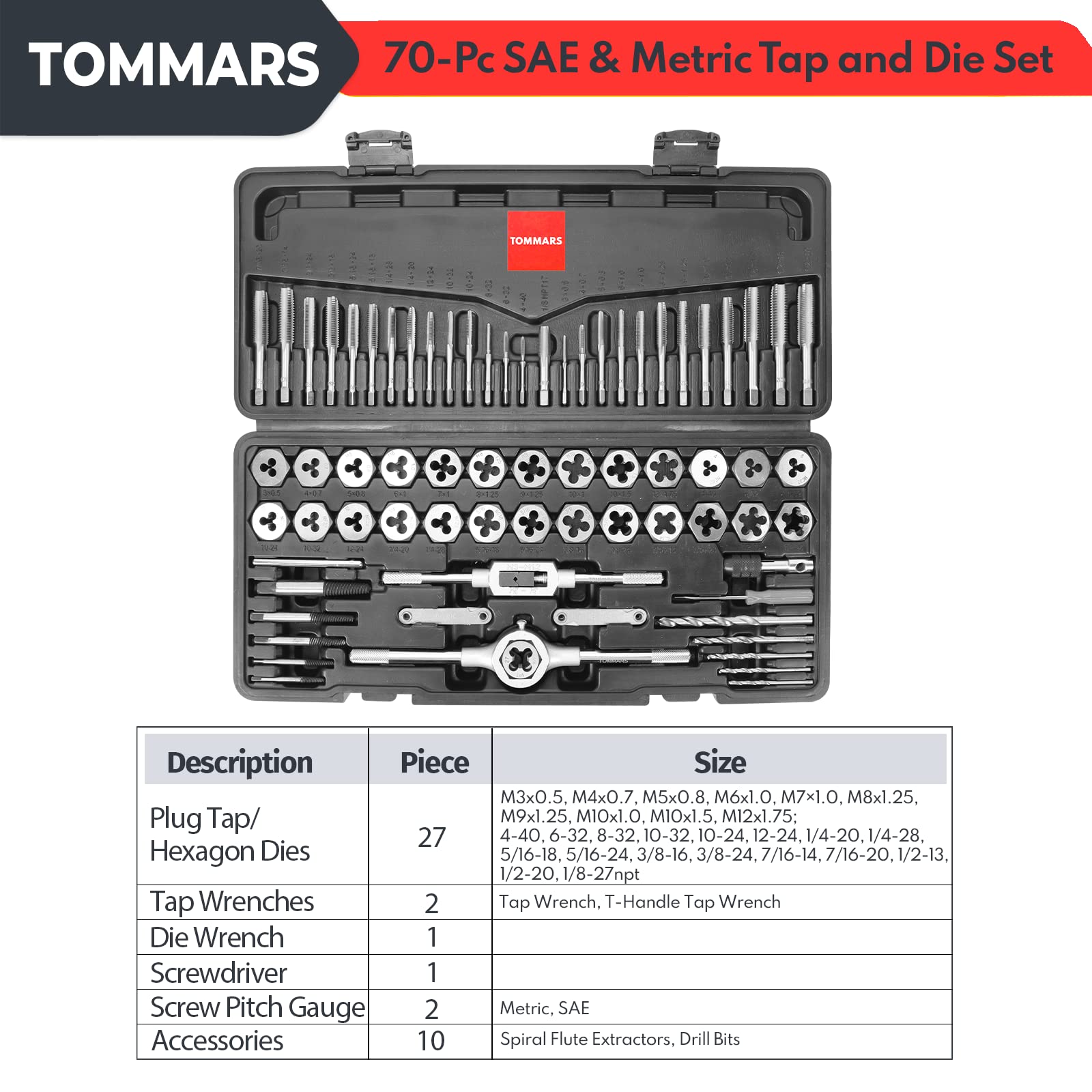 TOMMARS 70-Pc Tap and Die Set, SAE & Metric Hex Thread Taps Dies Wrench Metric Sizes M3 to M12 & Standard Sizes #4 to 1/2" Type NC NF NPT