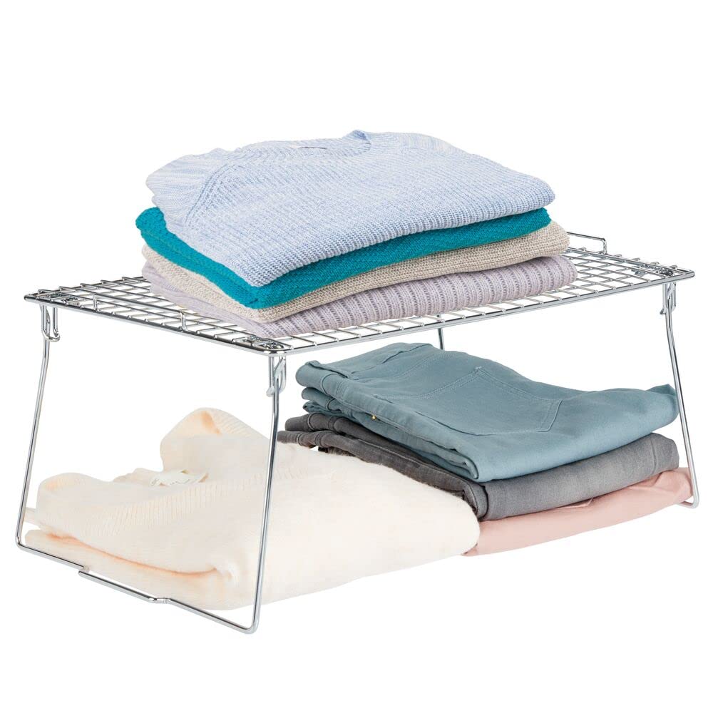 mDesign Farmhouse Metal Stackable Storage Shelf - Closet, Cabinet, Countertop 2-Tier Raised Organizer - for Bedrooms, Bathrooms, Entryways, Hallways - 12" x 17" x 8.4" - Chrome