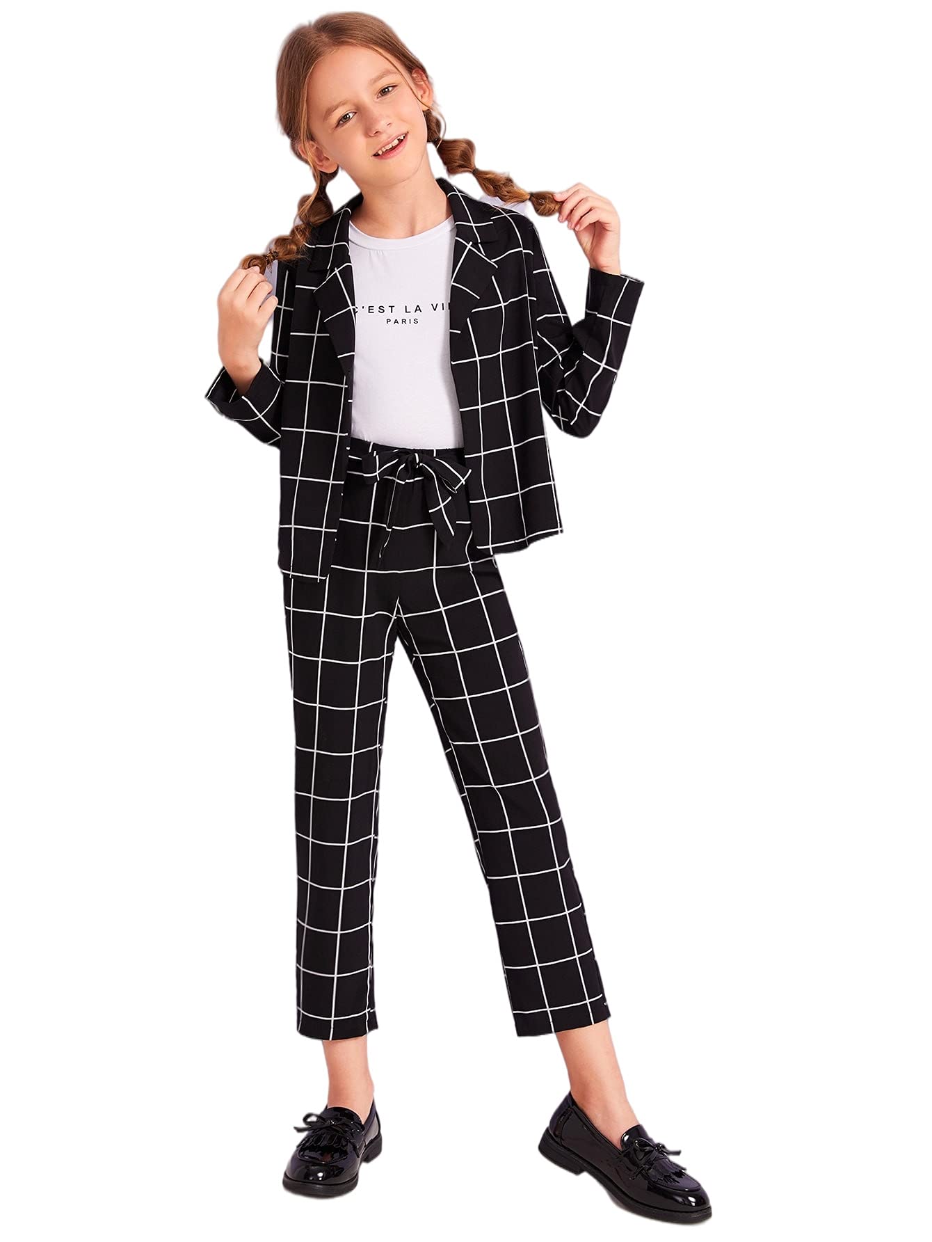 Milumia Girl's Two Piece Outfit Plaid Open Front Blazer and Pants Set Black 9 Years