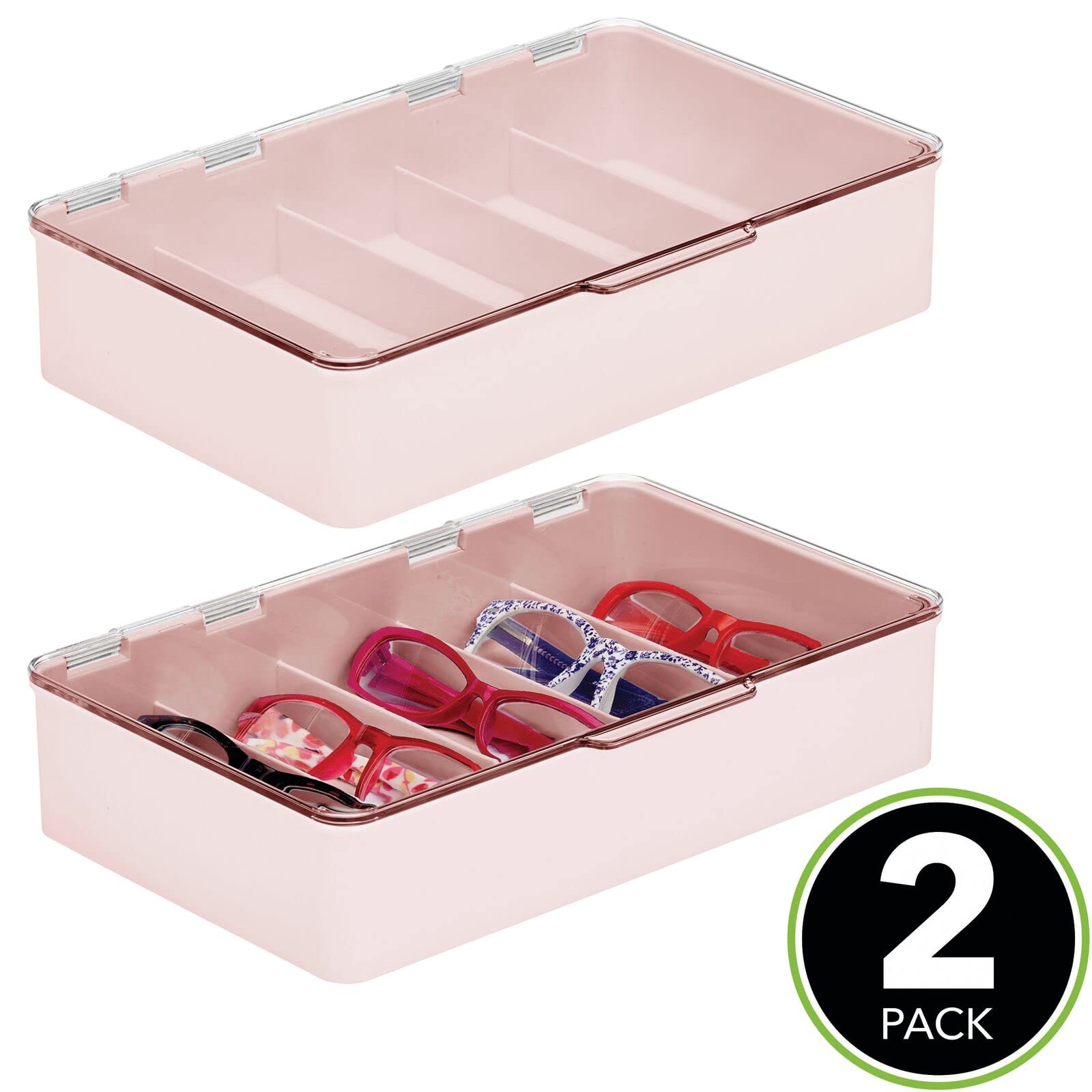 mDesign Plastic Stackable Eyeglass Case Storage Organizer, Hinged Lid for Unisex Sunglasses, Reading Glasses, Fashion Eye Wear, Protective Glasses, 5 Sections, Ligne Collection - 2 Pack - Cream/Clear