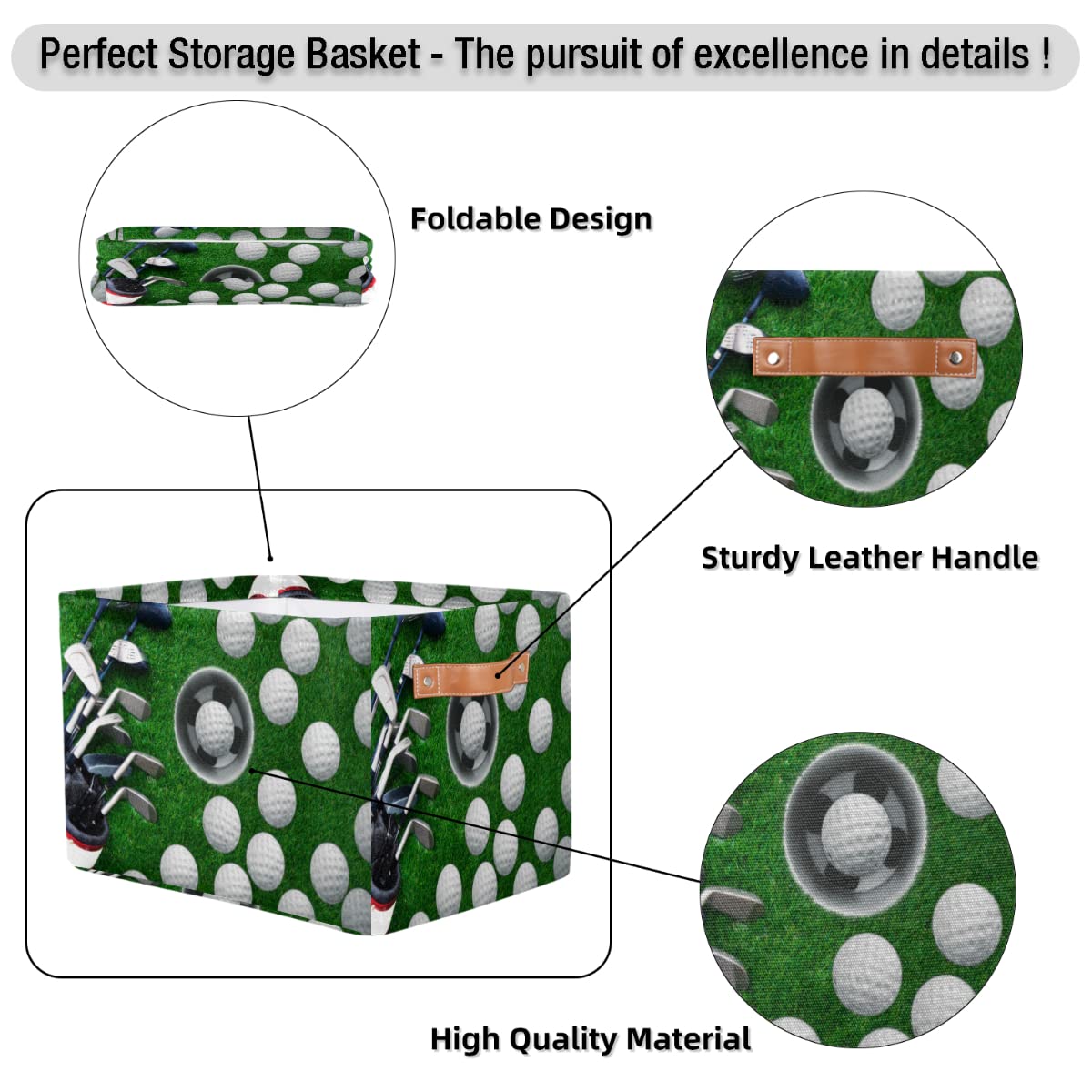 OMFUNS Golf Ball Storage Basket, Sport Golf Ball Foldable Storage Bin with Handle Fabric Rectangular Storage Box Organizer for Closet Shelf Home Office Nursery Toy Basket, 1 Pack