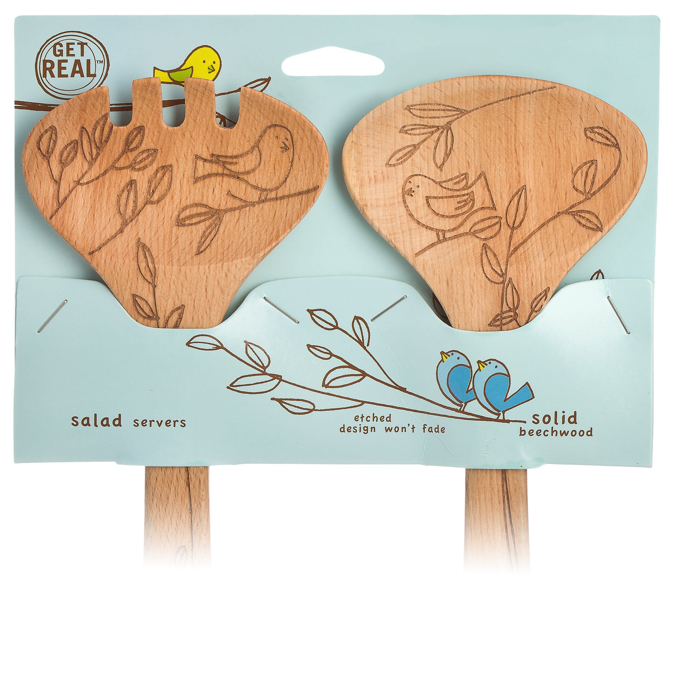 Talisman Designs Laser Etched Beechwood Salad Serving Set | Nature Design | Fork & Spoon Serving Set | Cute & Functional Kitchen Tool | Small Wooden Utensils