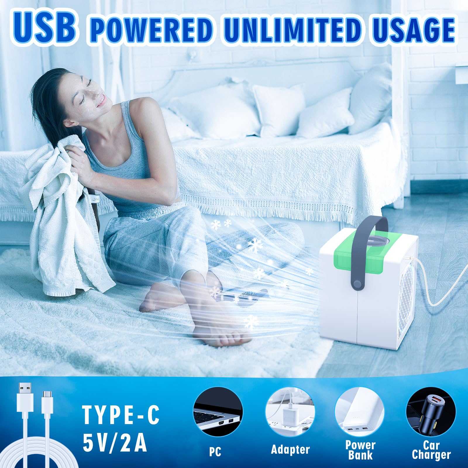 USB Portable Air Conditioner Fan, Rechargeable Evaporative Mini AC Fan with 3 Adjustable Speeds, Small Mini AC with Timer, Hand Held Personal Air Cooler for Desk, Bedroom, traveling & Camping, White