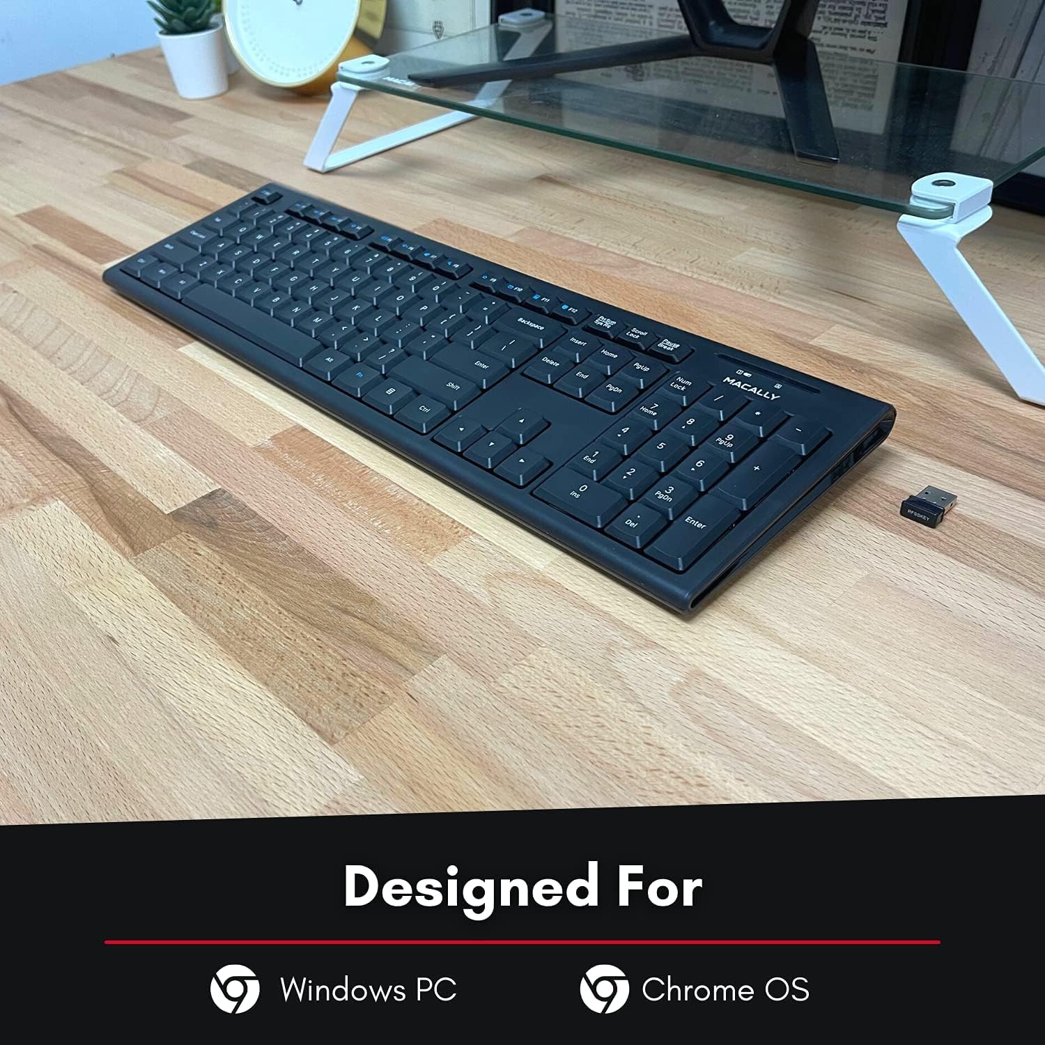 Macally 2.4G Wireless Keyboard - Ergonomic Full Size Computer Keyboard Wireless with Numeric Keypad - USB Keyboard Wireless Compatible with Windows PC Laptop Desktop External Keyboard Cordless