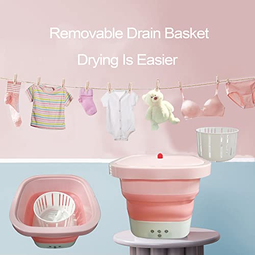 Portable Mini Folding Clothes Washing Machine for Baby Clothes/Underwear/Small Item,Lightweight Foldable Turbine Washers with Drain Basket for Home/Apartments/Travel,Pink