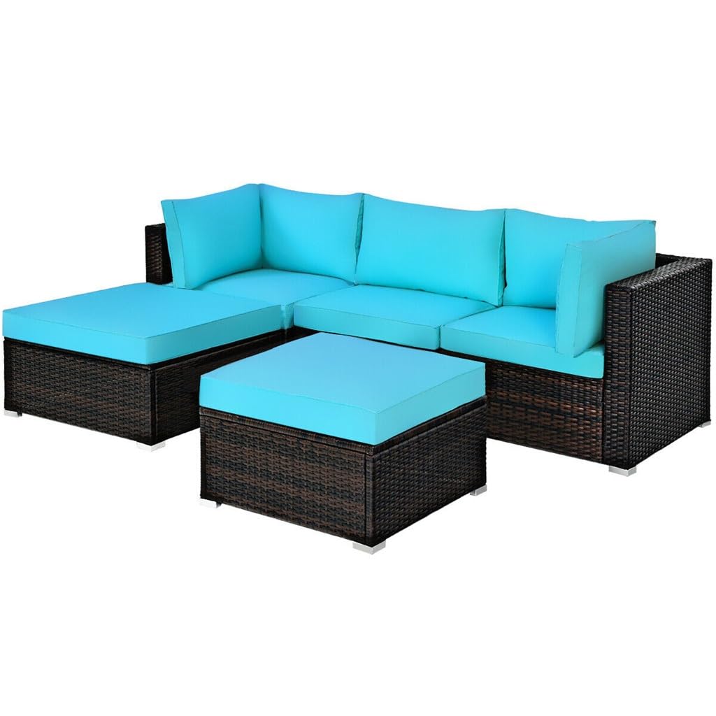 LIUZH 5PCS Patio Rattan Furniture Set Sectional Conversation Set Ottoman Turquoise