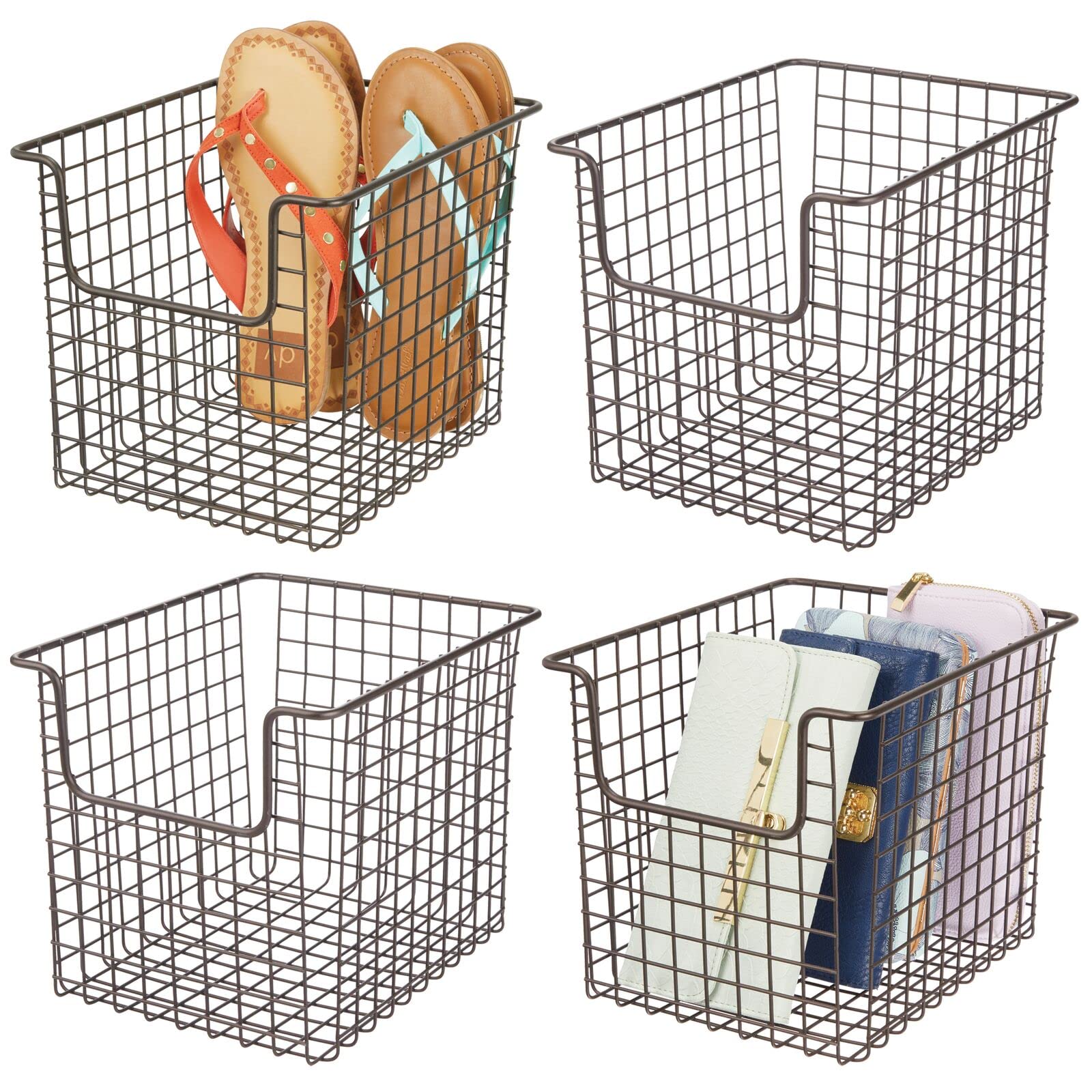 mDesign Metal Wire Closet Storage Basket Organizer with Front Dip Opening for Organizing Bedroom, Bathroom, Mudroom, Entryway, Hallway, or Linen Closets - Concerto Collection - 4 Pack - Bronze