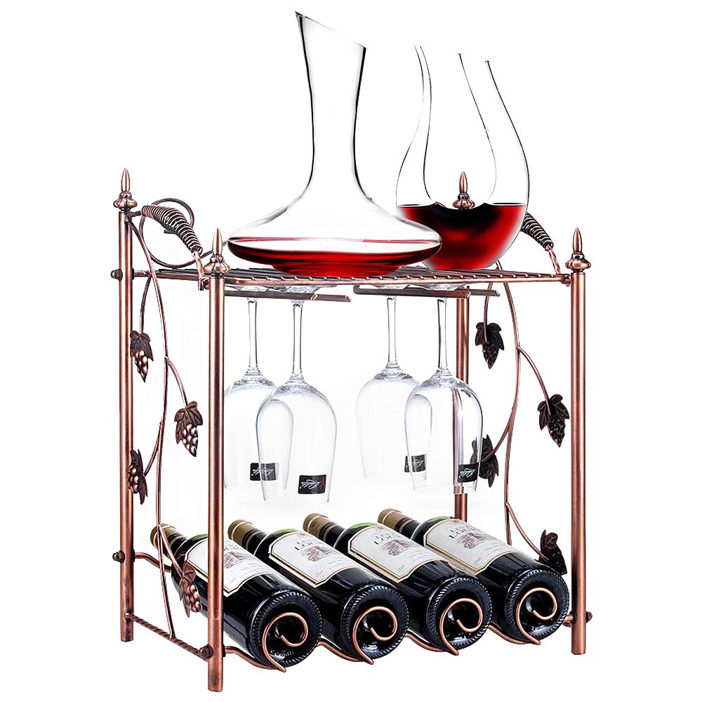 SILKSEA Countertop Wine Rack Freestanding with Wine Glass Rack Metal Wine Holder Storage Stand Organizer for Home Kitchen DĂŠcor, Cabinet, Bar, Tabletop Wine Racks Hold 4 Bottle and 6 Glasses, Copper