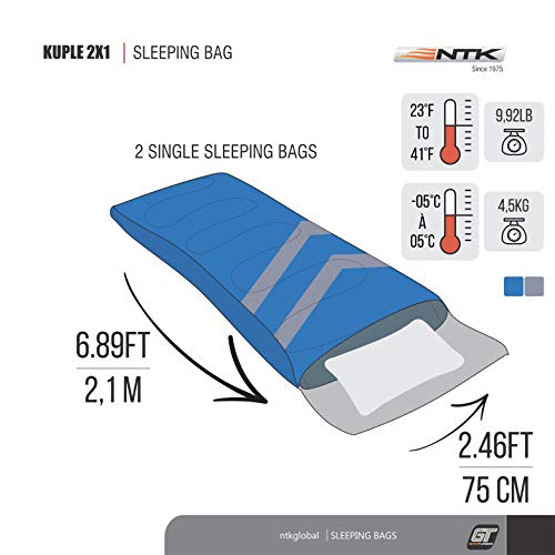 NTK KUPLE Double 2 in 1 Sleeping Bag with 2 Pillows and a Carrying Bag with Compressor Straps for Camping, Backpacking, Hiking. (Blue)