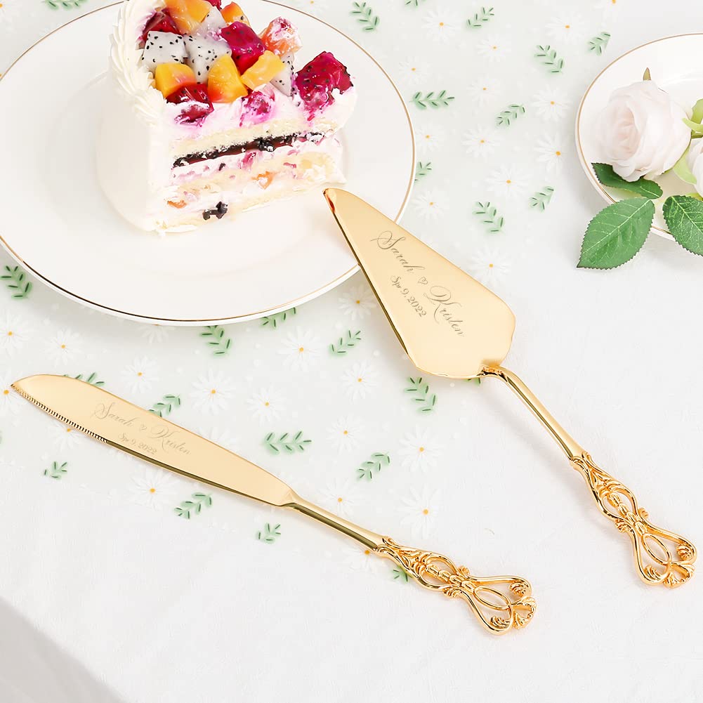 TUKDAK Wedding Cake Knife and Server Set, Personalized Gold Cake Cutting Set for Wedding, Engraved Classic Cake Knives Cutter Set, Pie Pastry Server, Birthday Bridal QuinceaƱera Gift (CUS-Crown)