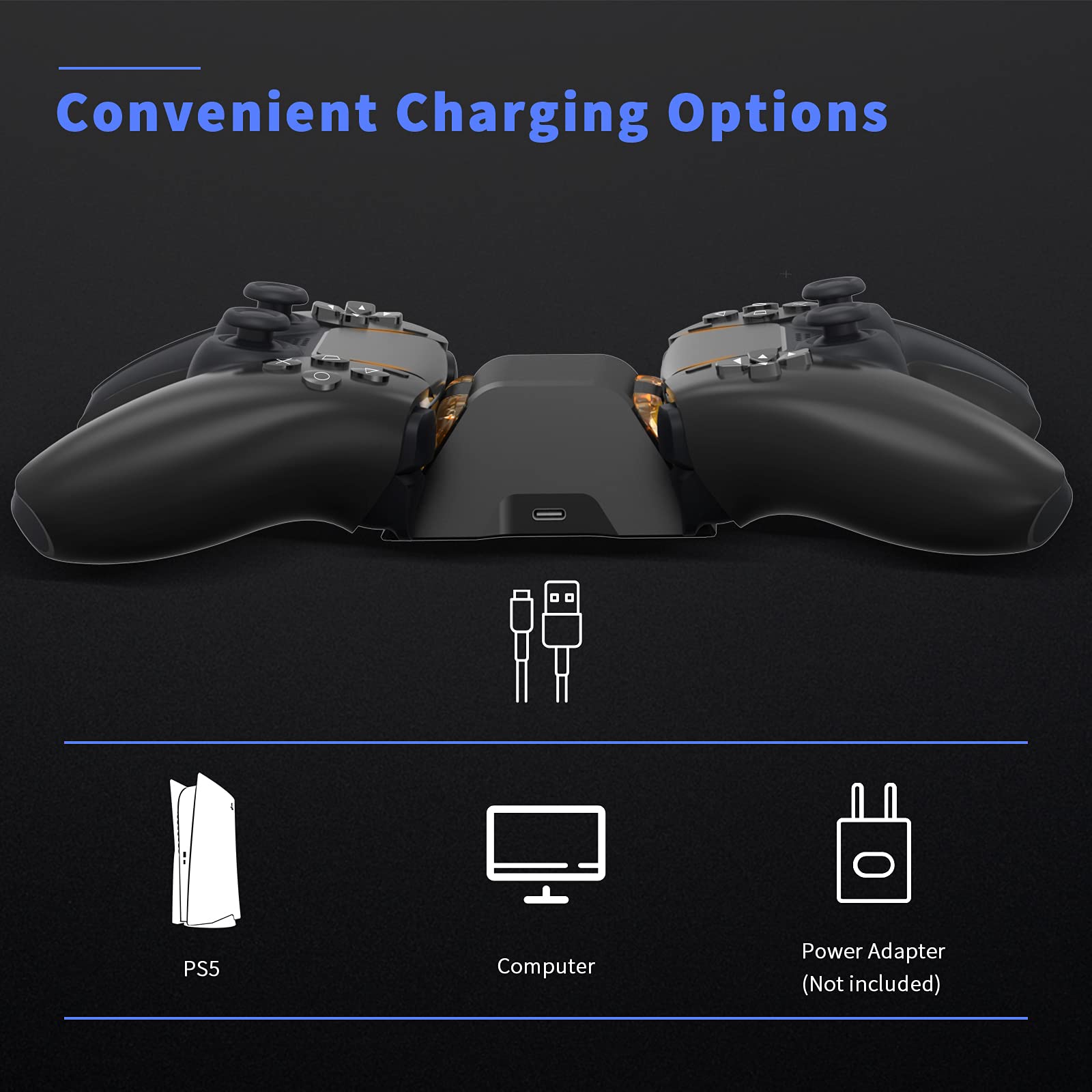 NexiGo PS5 Controller Charger with Lights, [Minimalist Design], Dual Charging Station with LED Indicator, Portable & Lightweight Charging Dock for Sony PlayStation 5 Dualsense Controllers, Black