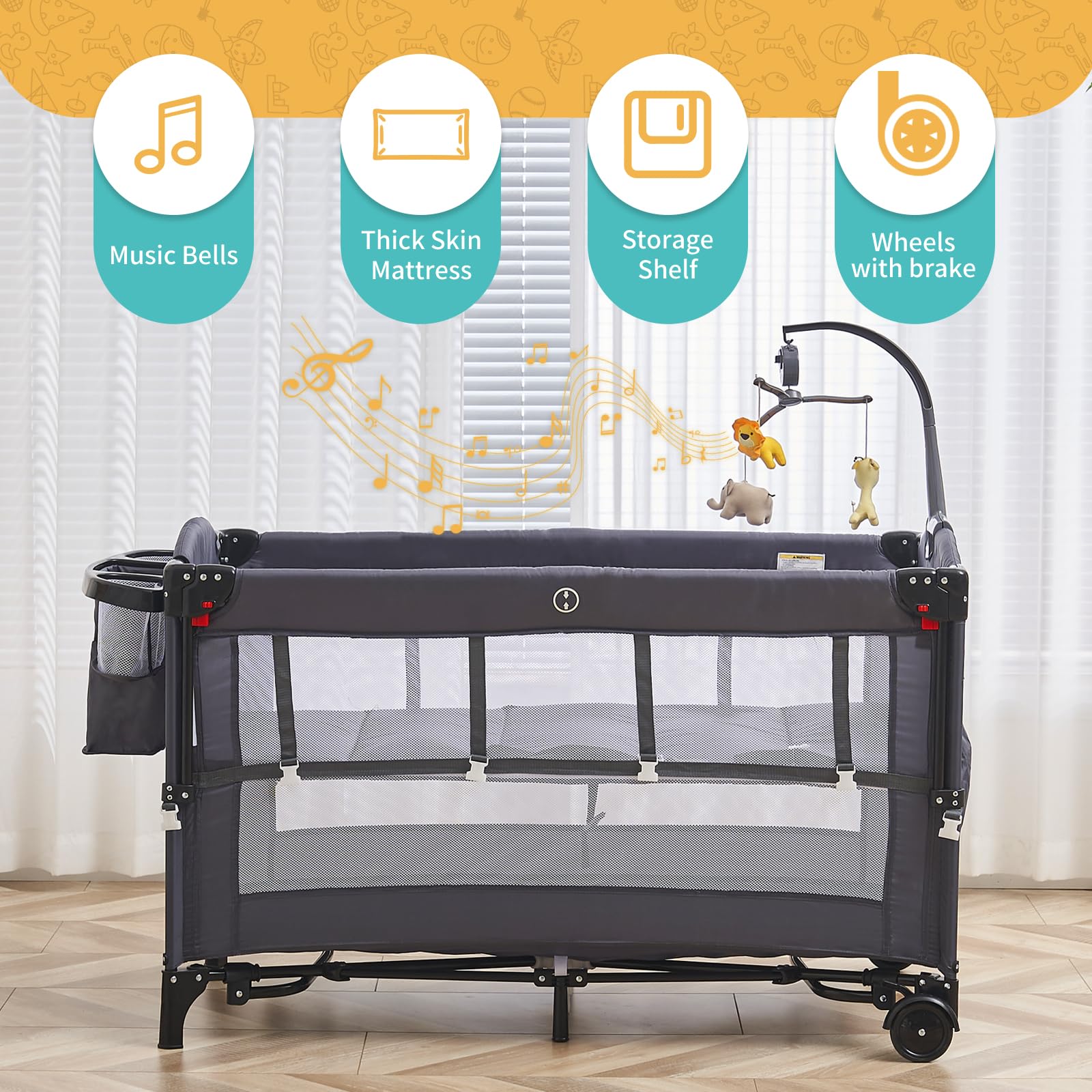 MOOITZ Baby Bassinet Bedside Crib, 6-in-1 Pack and Play with Bassinet, 4 Height Adjustable Bedside Crib, Newborn Portable Bassinet with Wheels, U-Shaped Diaper Table, Music Box & Hanging Toys