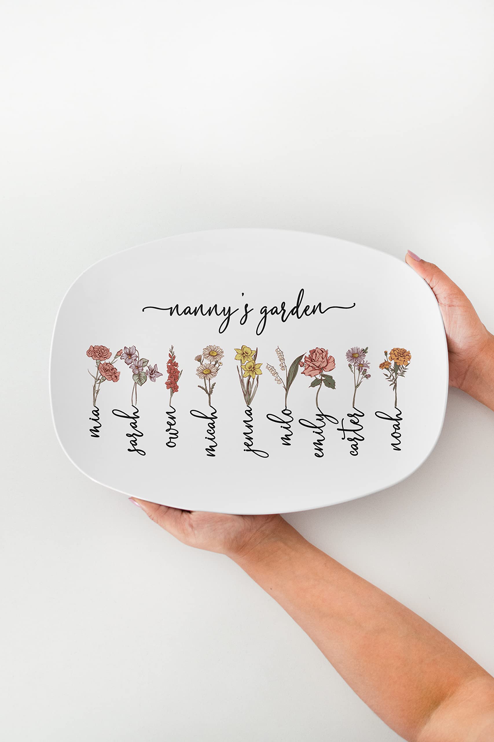 The Pine Trove Birth Flower Personalized Platter for Nanny for Mother's Day, Christmas, Birthday (10x14 inch, ThermoSāf® Polymer Platter)