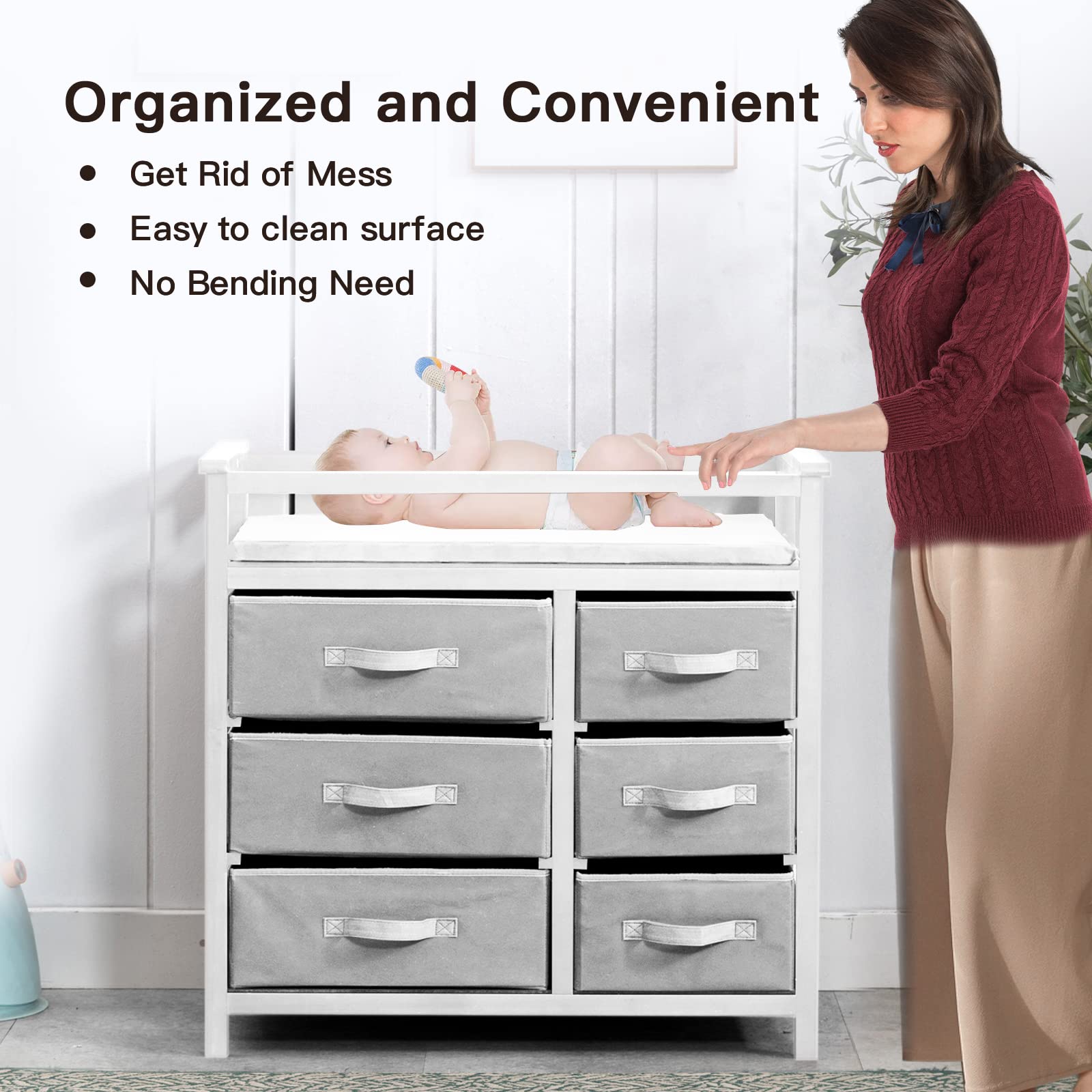 MOOITZ Baby Changing Table Dresser with 6 Storage Baskets, Can be Used as a Baby Changing Tables with Changing Table Top, a Baby Changing Station, a Diaper Changing Station (White)