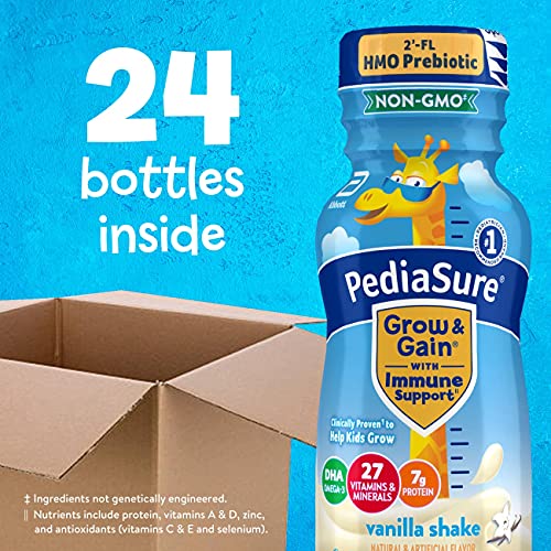 PediaSure Grow & Gain with 2’-FL HMO Prebiotic, Kids Nutrition Shake, Vitamins C, E, B1, B2, Non-GMO, Vanilla, Bottle, 8 Fl Oz, 24 Count