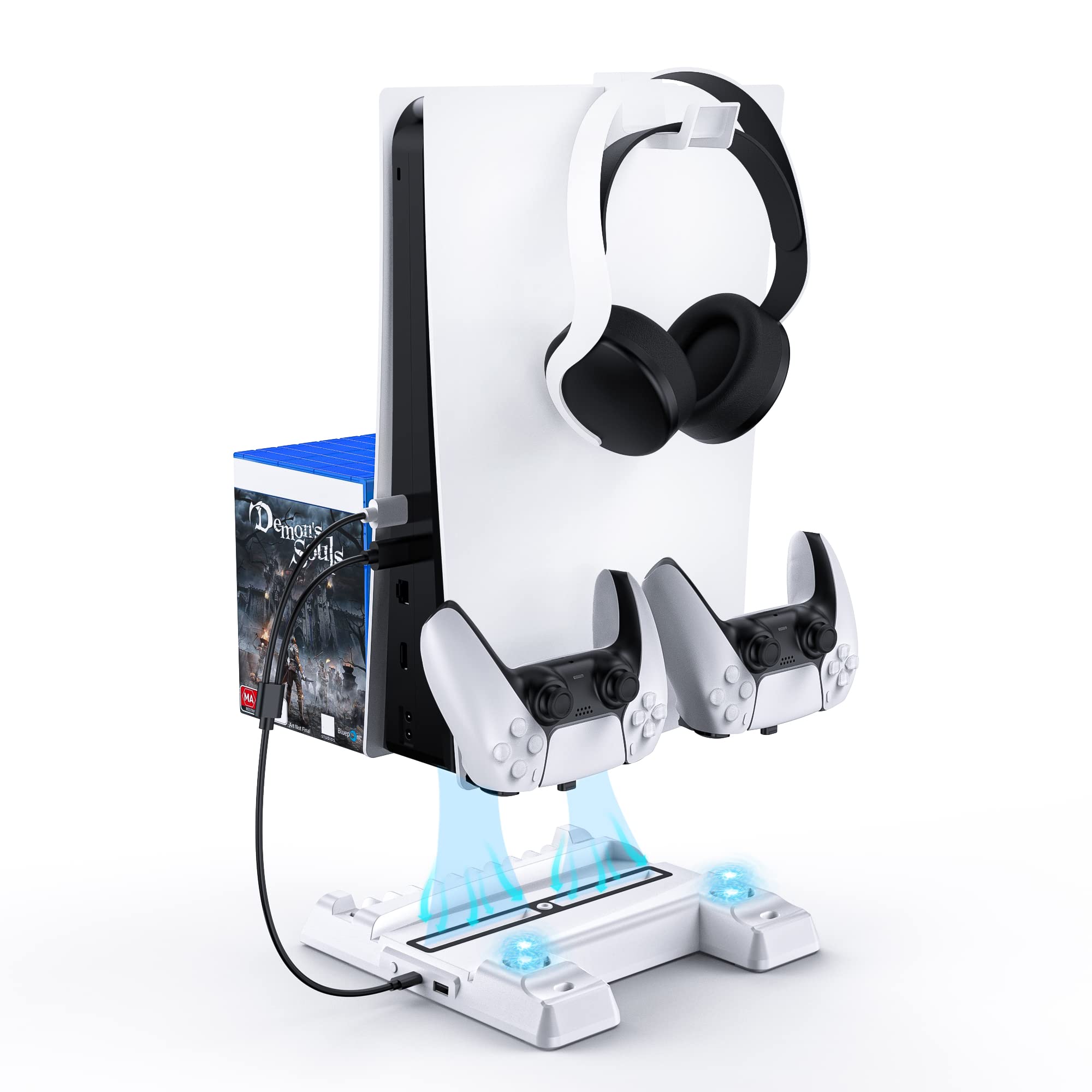 NexiGo PS5 Vertical Stand with Headset Holder, Multifunctional Stand with Cooling Station and Game Storage, Dual Controllers Charger, Headphone Stand, for PlayStation 5 (Disc and Digital Edition)