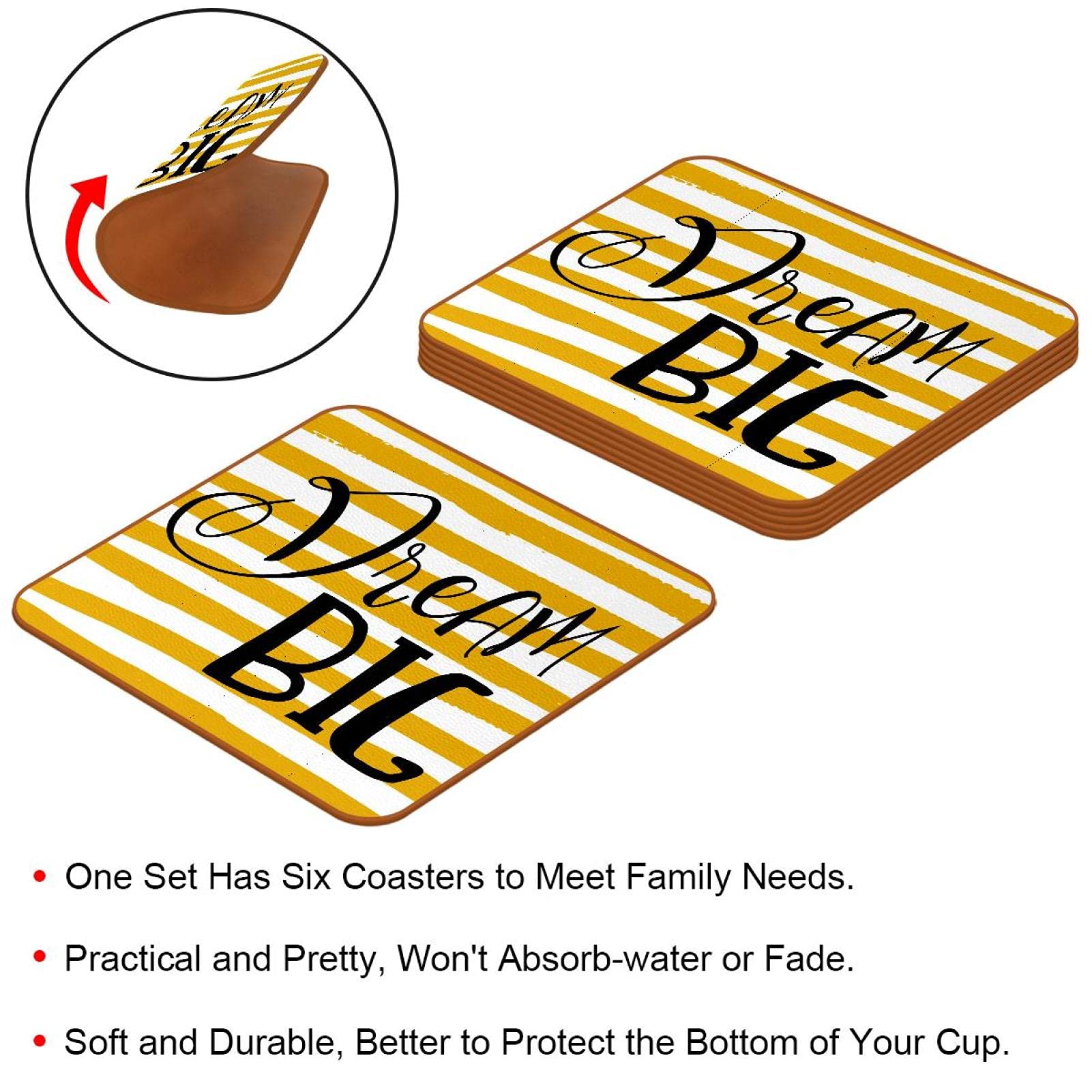 Set of 6 Pieces Coasters for Drink,Stripe Quote Dream Big Square Cup Pad Mat for Insulation Heat Protect and Decor Furniture