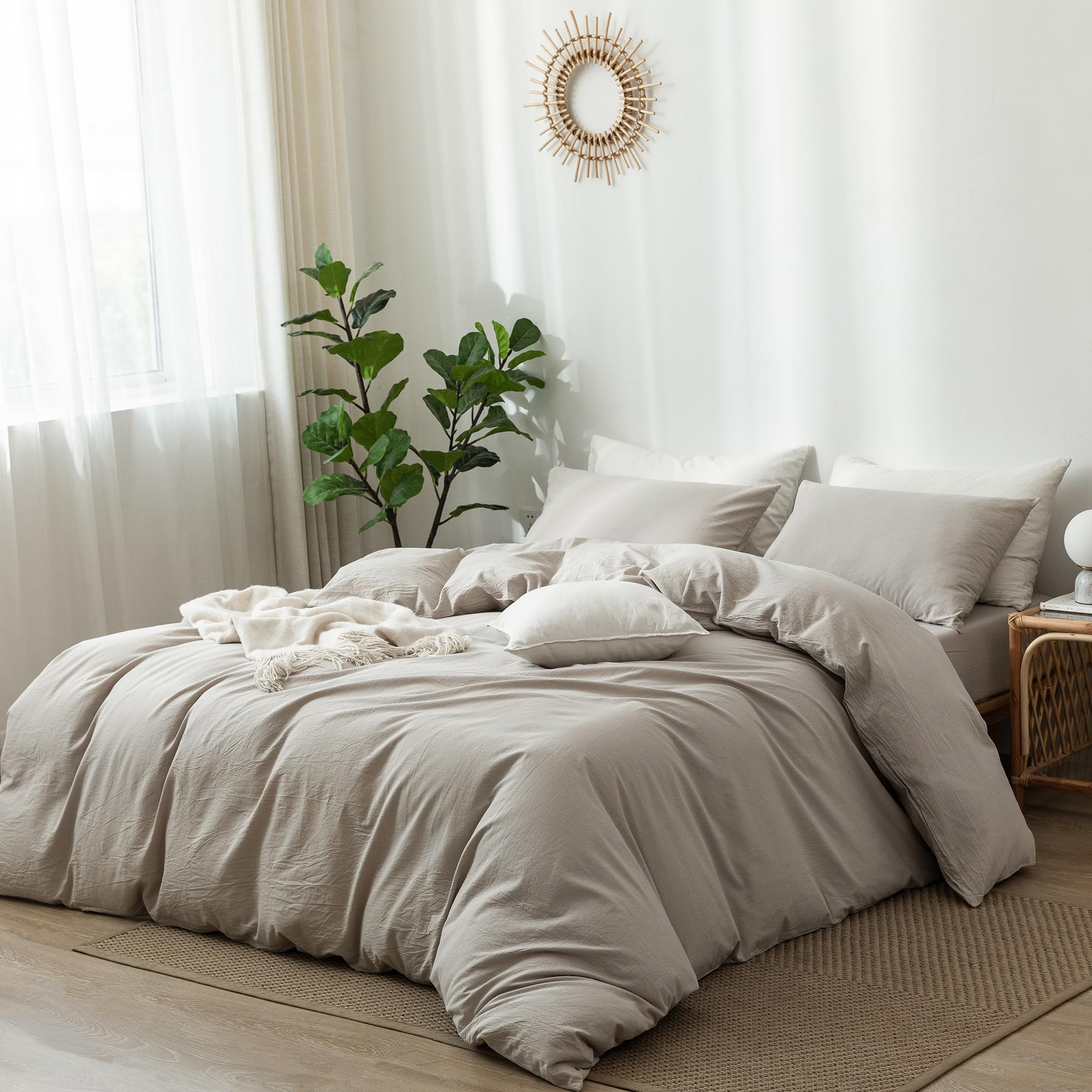 MooMee Bedding Duvet Cover Set 100% Washed Cotton Linen Like Textured Breathable Durable Soft Comfy (Cream Grey, King)