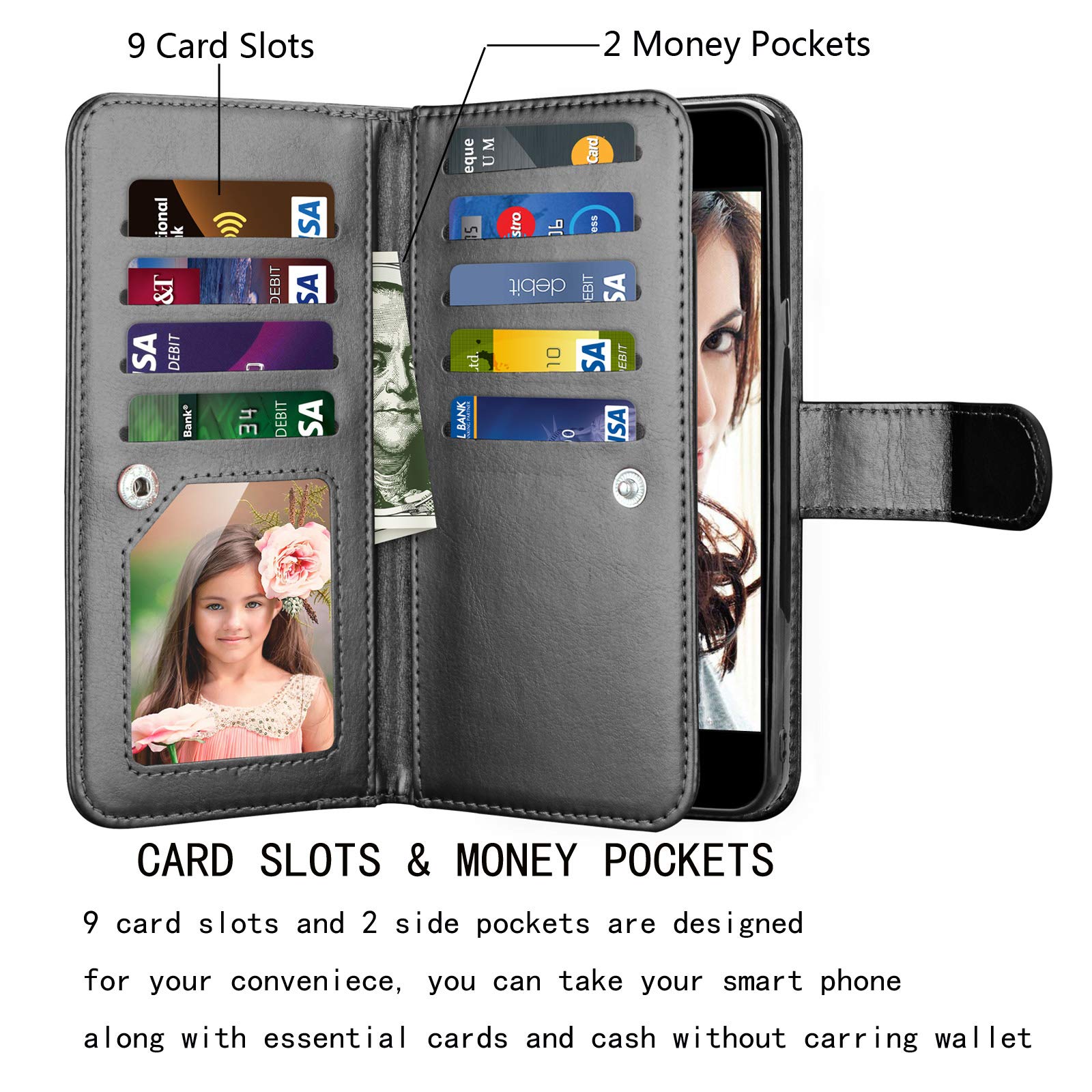 NJJEX Wallet Case for iPhone SE 2020/SE2, for iPhone 8/iPhone 7 Case, [9 Card Slots] PU Leather Credit Holder Folio Flip [Detachable] Kickstand Lanyard Magnetic Phone Cover for iPhone SE 2nd [Black]