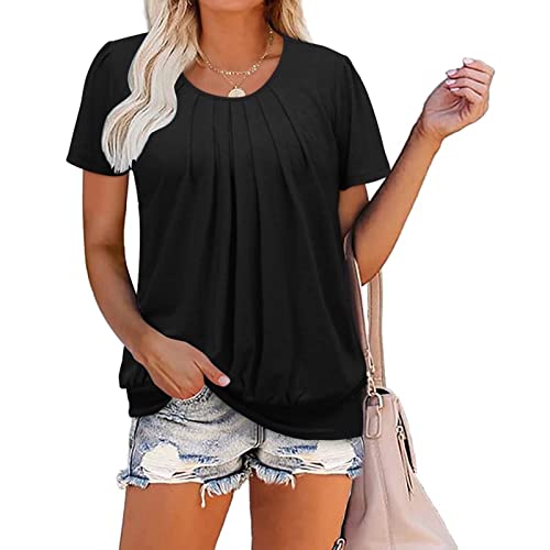 Short Sleeve Tunic Shirts for Women Casual Pleated Scoop Neck Summer Tops to Hide Belly Solid Color Blouses Black