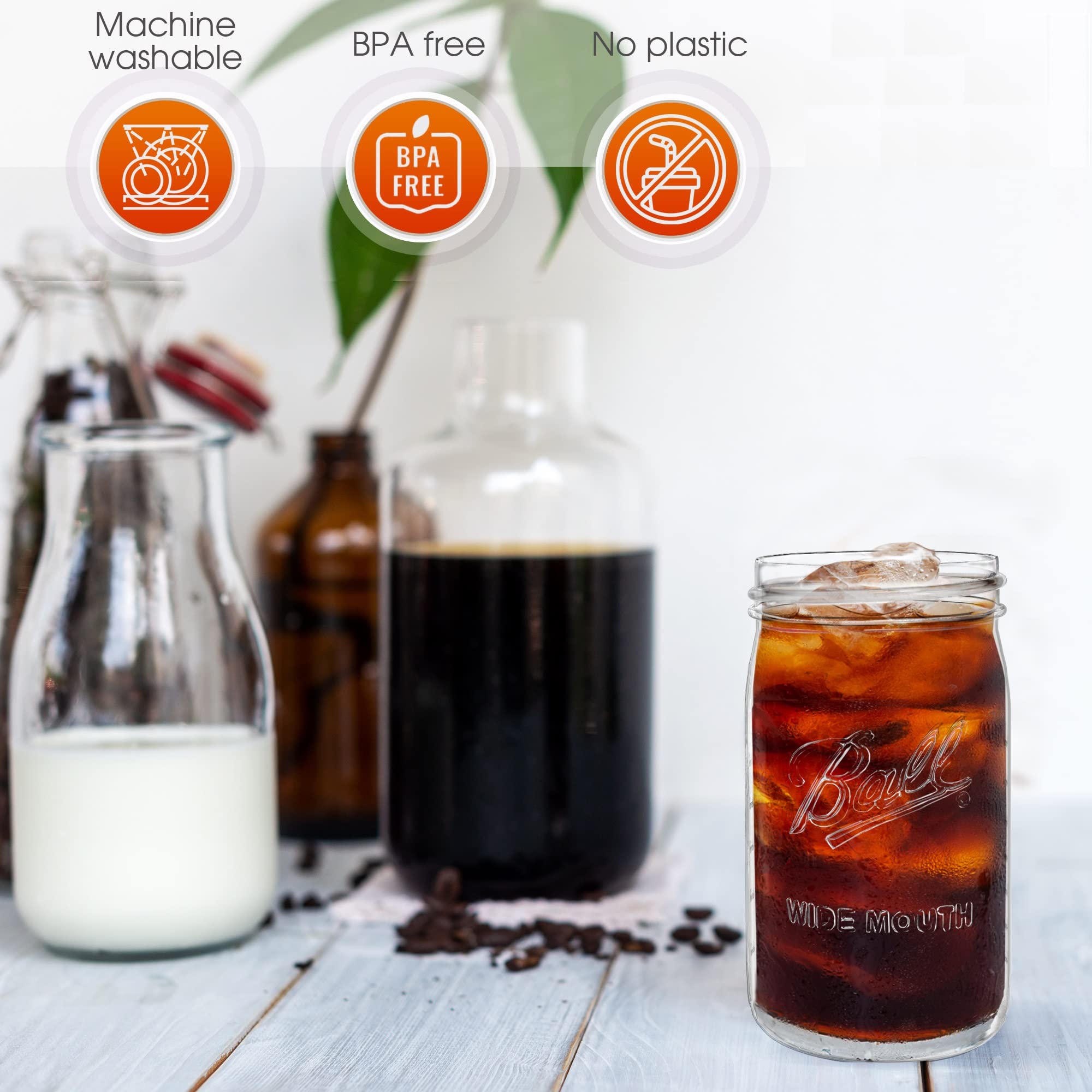 Reusable Wide Mouth Smoothie Cups Boba Tea Cups Bubble Tea Cups with Lids and Silver Straws Mason Jars Glass Cups (2-pack, 32 oz mason jars)
