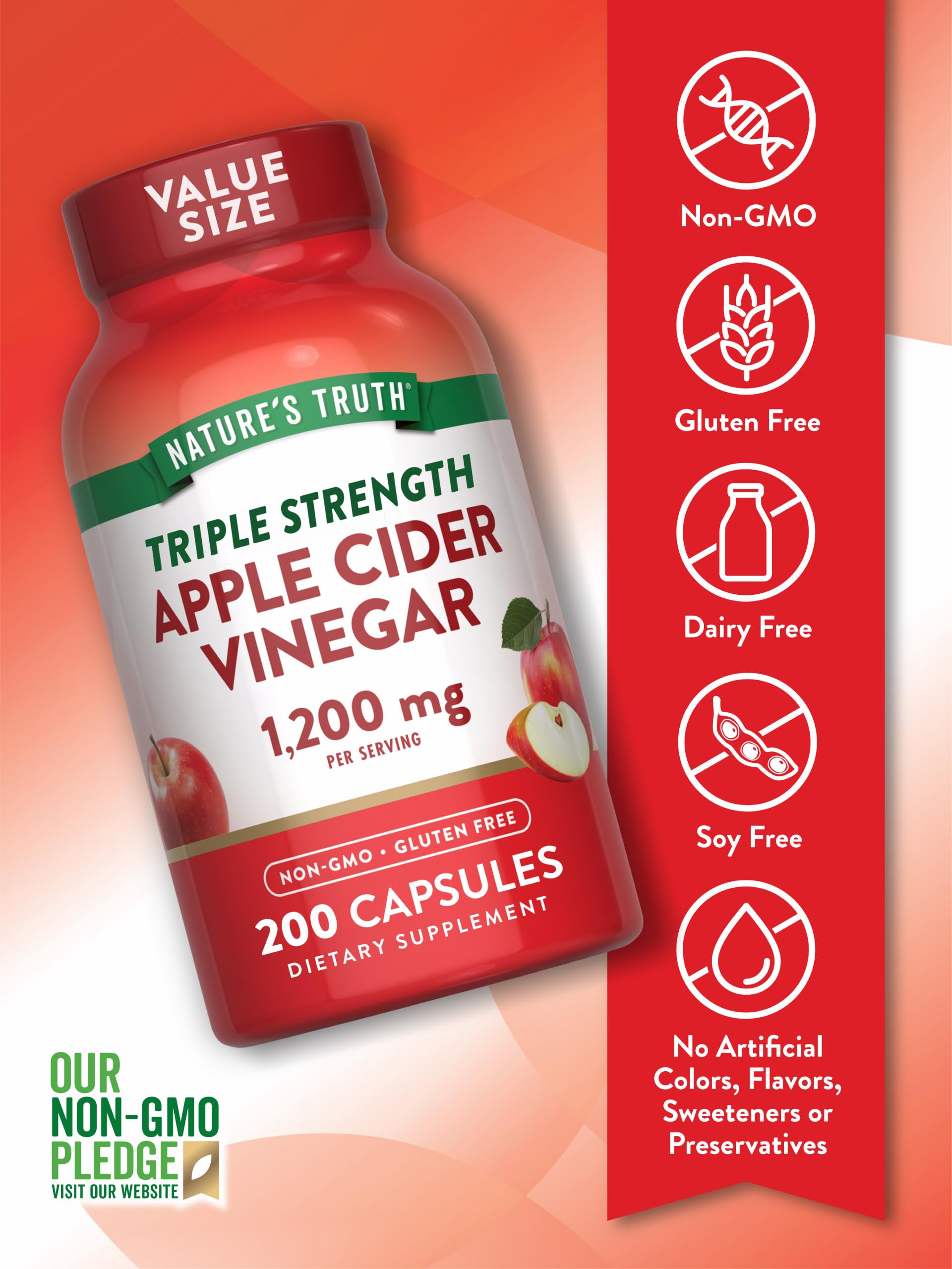 Nature's Truth Apple Cider Vinegar Capsules | 1200mg | 200 Pills | Extra Strength | Value Size | Non-GMO, Gluten Free Supplement