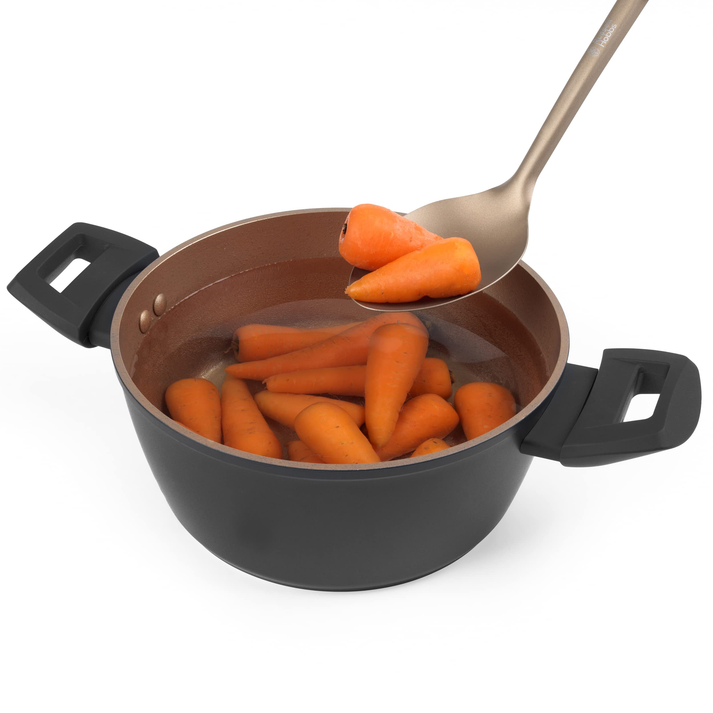 Russell Hobbs RH02170BEU Opulence 5 Piece Kitchen Utensil Set, Non-Stick Cooking Spoons & Soft-Touch Handles, Includes Solid and Slotted Spoon, Spaghetti Spoon, Slotted Spatula and Ladle, Black/Gold