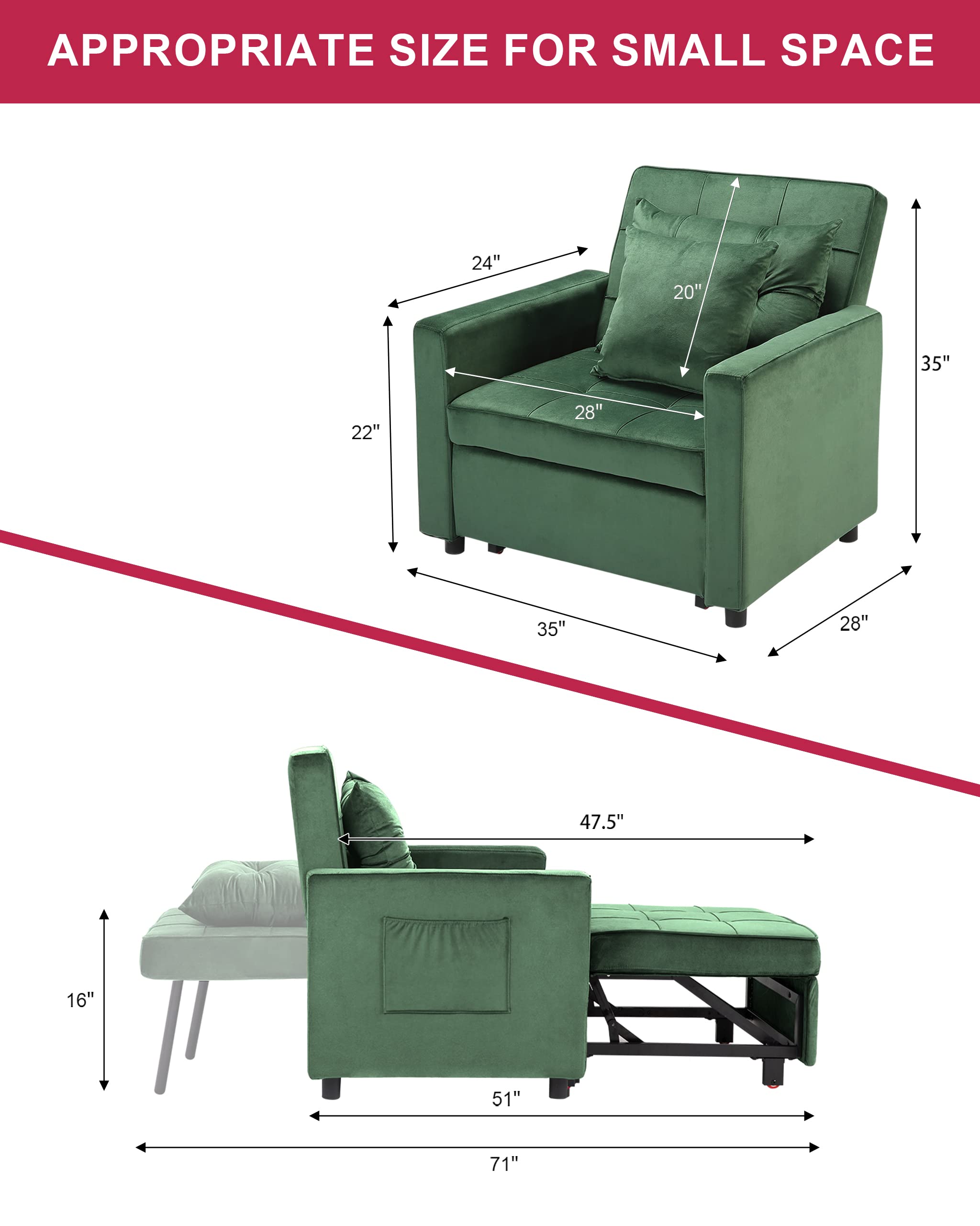 Litbird [UPDATED] Convertible Chair Sleeper Bed, Stepless Adjustable Backrest, Futon Chair Turns Into Bed, Sleeper Sofa for Living Room, 3 in 1, Imitation Flannel, Dark Green