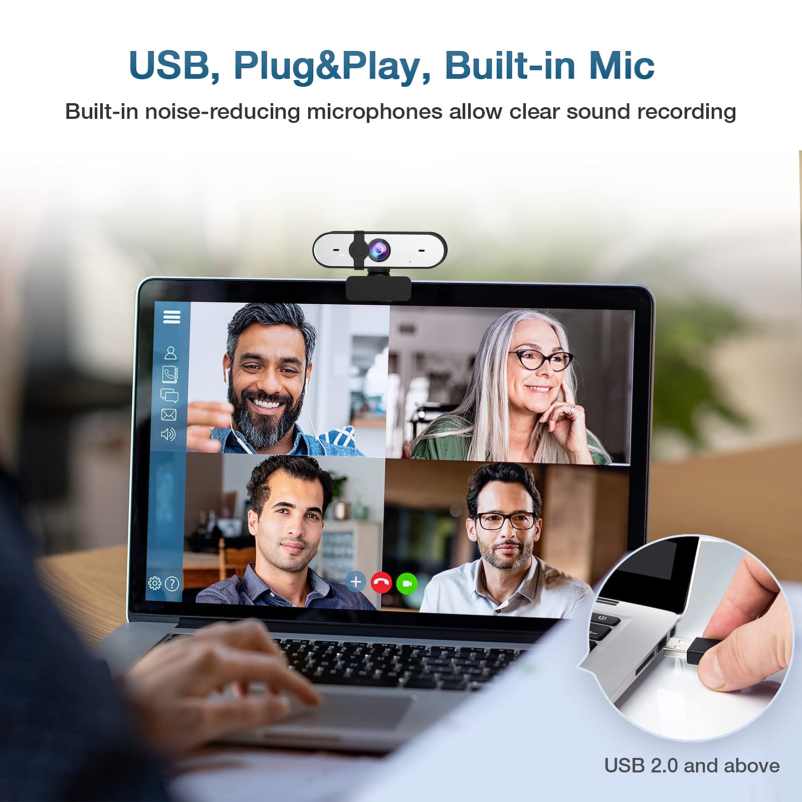 Webcam, 2K Full HD Webcams, Dual Microphone & Cover, Autofocus, HD USB Computer Web Camera, for YouTube/OBS/Facebook/Gaming/Zoom/Skype/FaceTime/Teams/Twitch/Etc