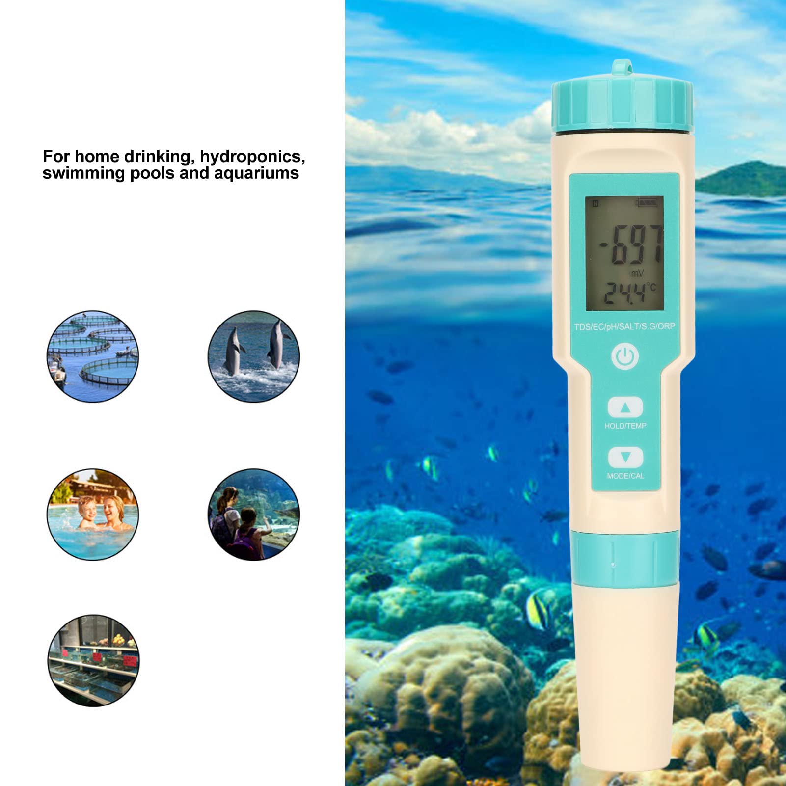 Water Quality Test Pen, 7 in 1 Design Pool Water Test Kit,PHTester Digital 0 °C-60 °C Range, High Pen Tester for Swimming Pools and SPA Aquaponic Aquariums