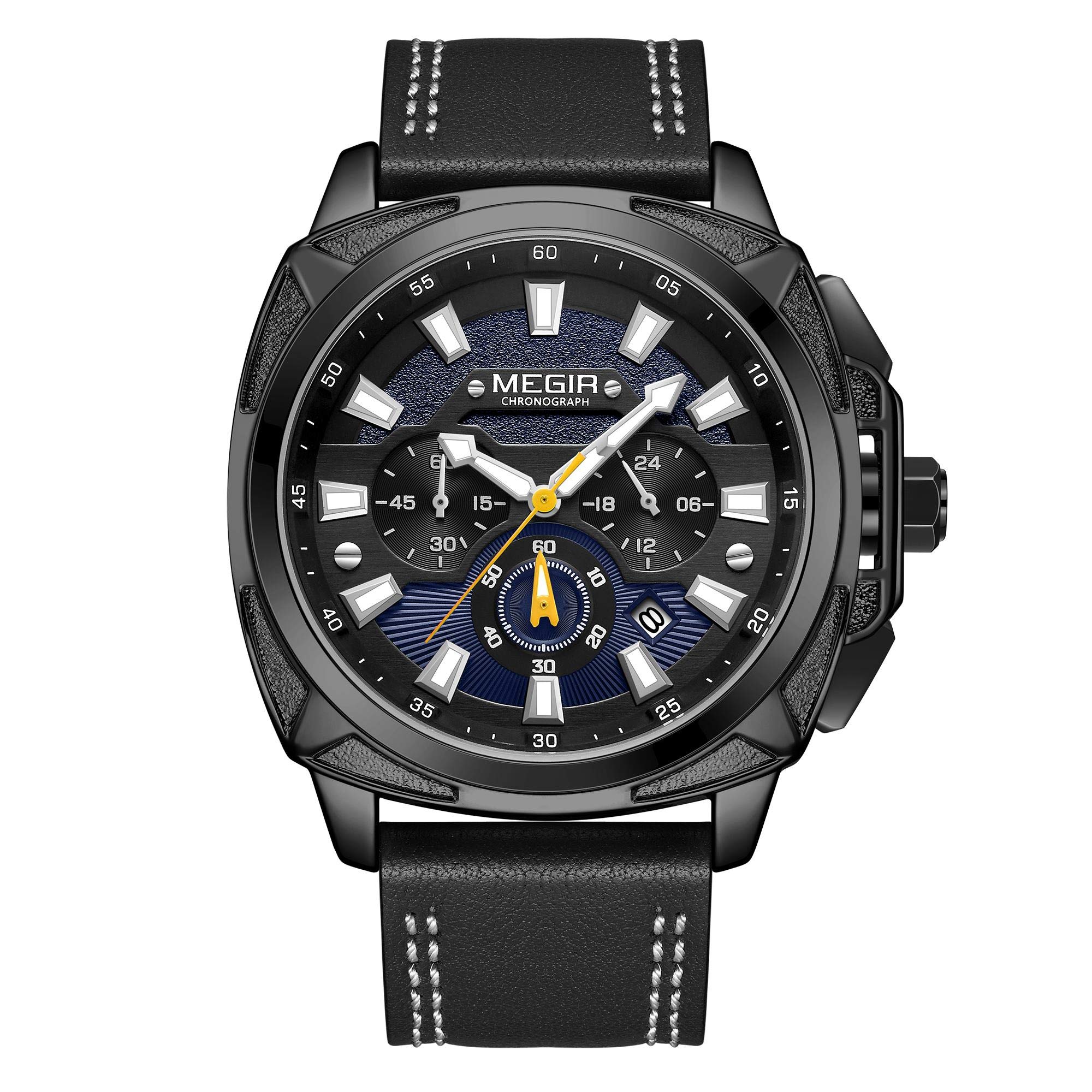 MEGIR Mens Watches Chronograph Leather Waterproof Analogue Quartz Stainless Steel Business Classic Men's Wrist Watches (Black)